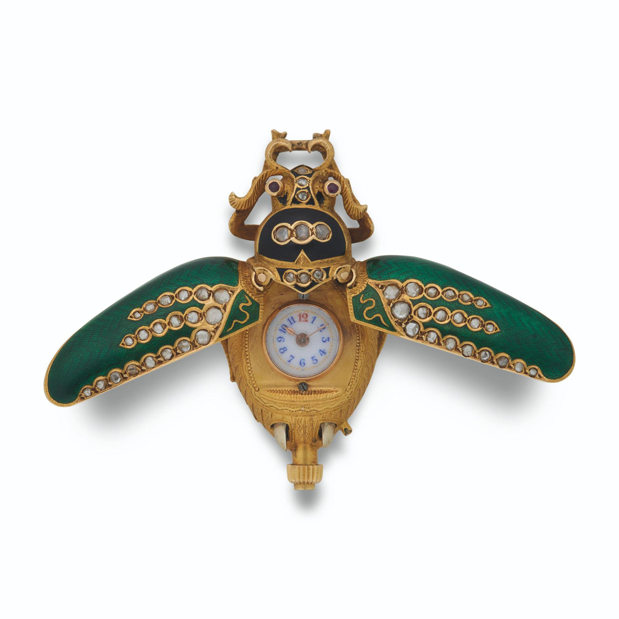 SWISS. YELLOW GOLD, ENAMEL AND DIAMOND-SET SCARAB-FORM PENDANT WATCH ...