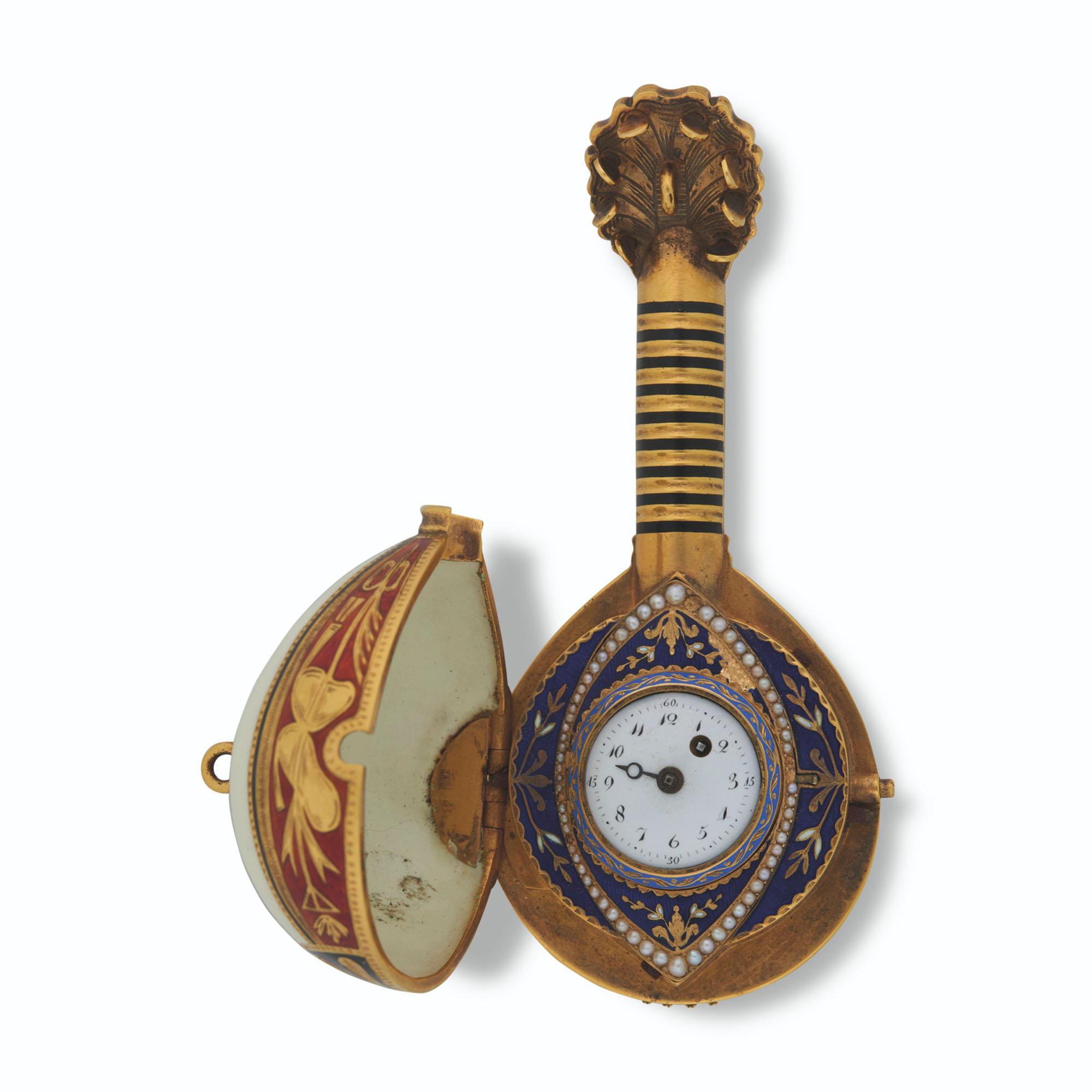 SWISS. YELLOW GOLD, ENAMEL AND PEARLS MANDOLIN-FORM PENDANT WATCH ...