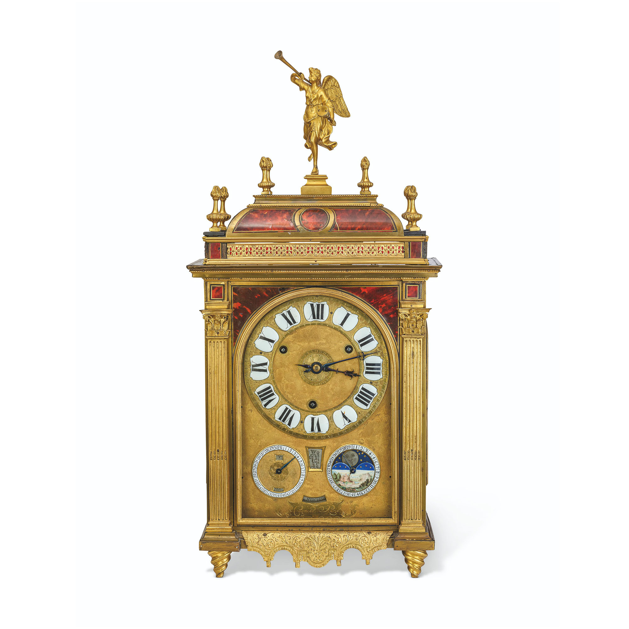 JACQUES COGNIET, GILT BRASS AND WOODEN QUARTER REPEATING TABLE PENDULUM ...