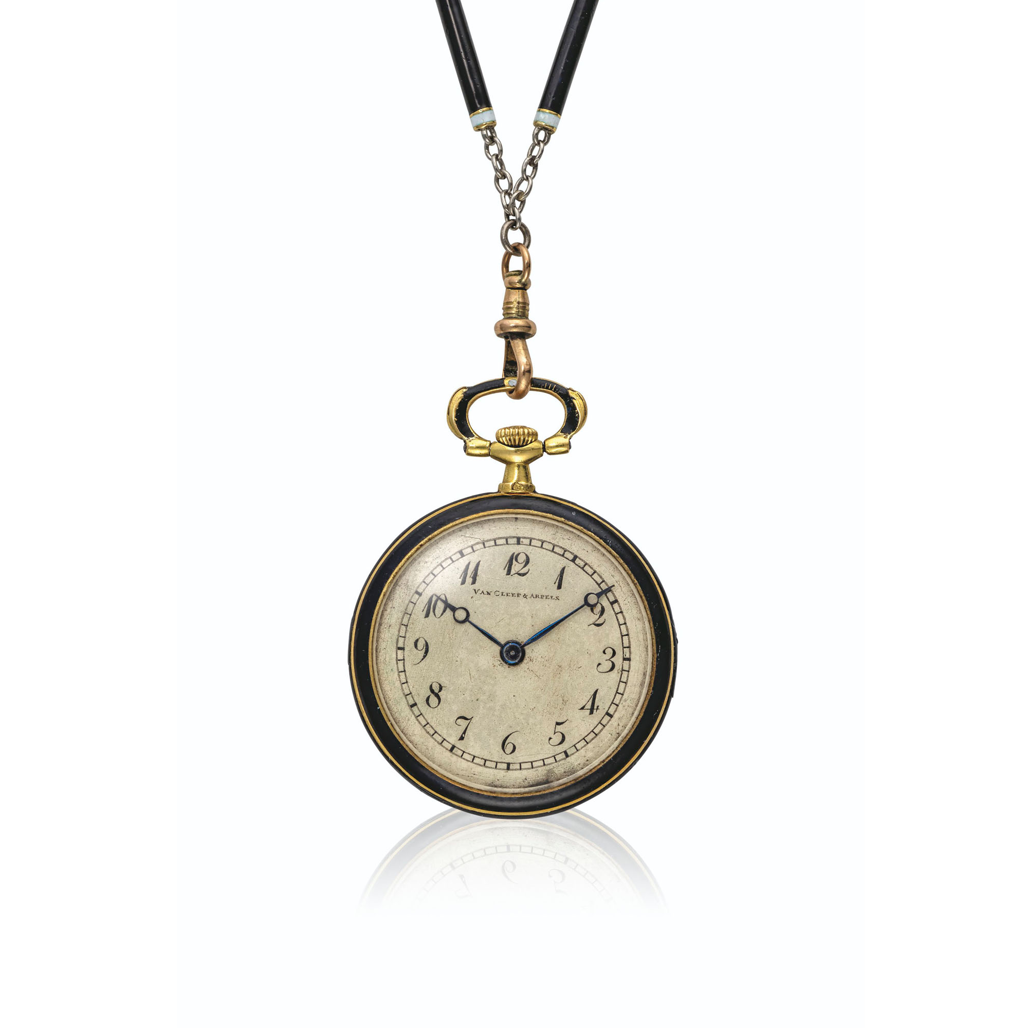 VAN CLEEF & ARPELS, YELLOW GOLD AND ENAMEL OPENFACE PENDANT WATCH ...