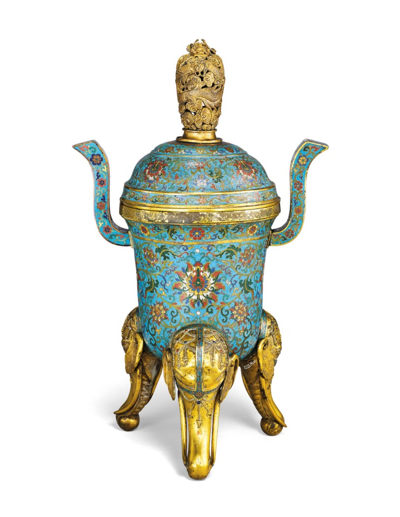 AN IMPERIAL CLOISONNE ENAMEL ‘LOTUS SCROLL’ CENSER AND COVER, QIANLONG ...