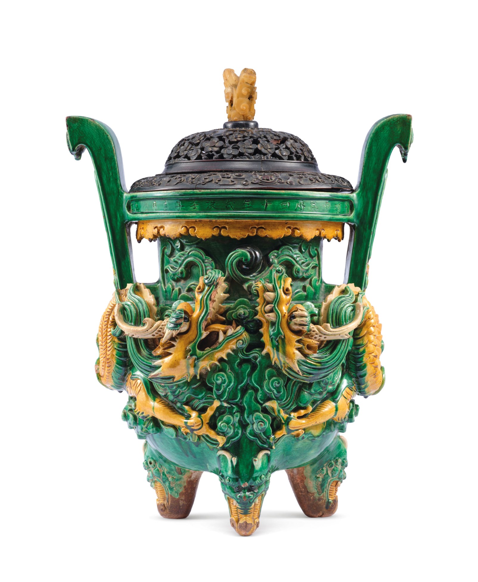 A RARE LARGE DATED SANCAI-GLAZED POTTERY ‘DRAGON’ CENSER, DATED WANLI ...