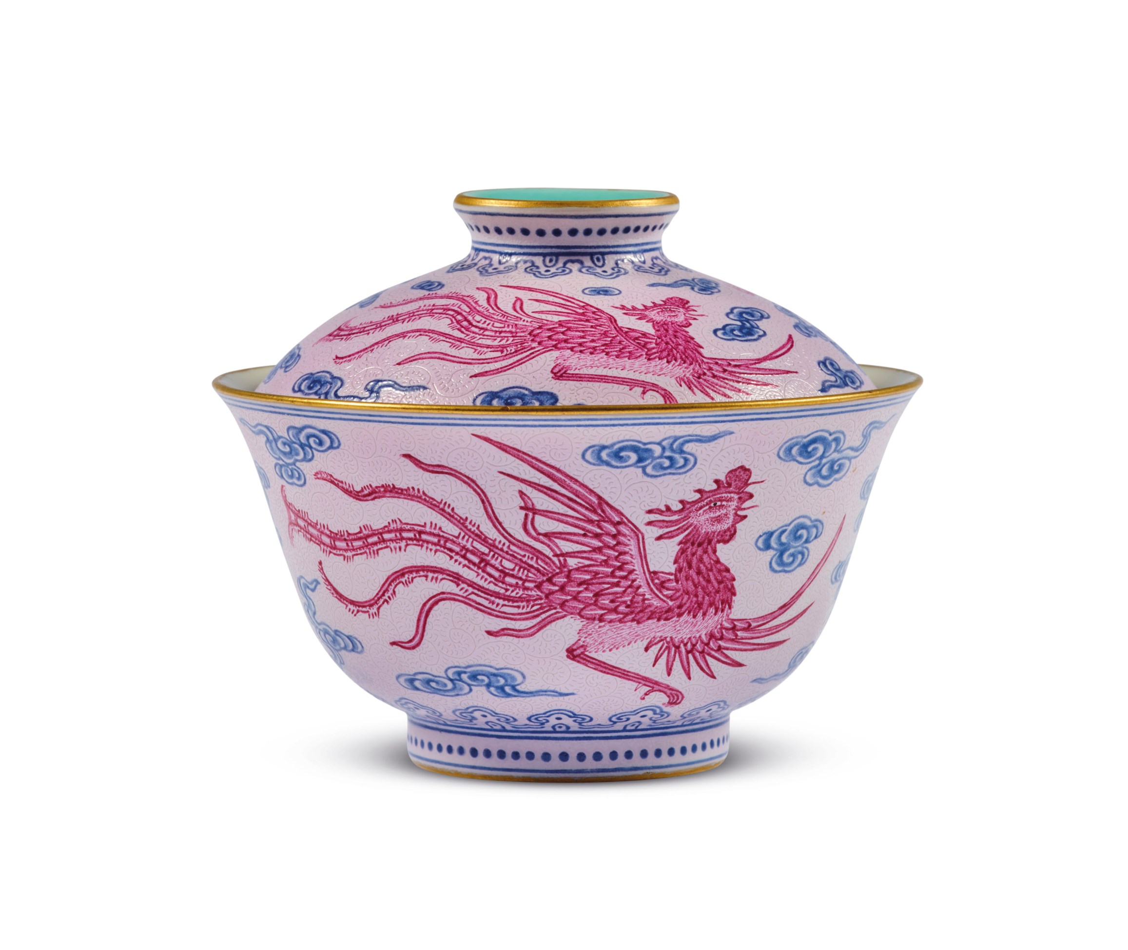 AN EXTREMELY RARE IMPERIAL YANGCAI PUCE, BLUE, AND BLACK-ENAMELLED ...