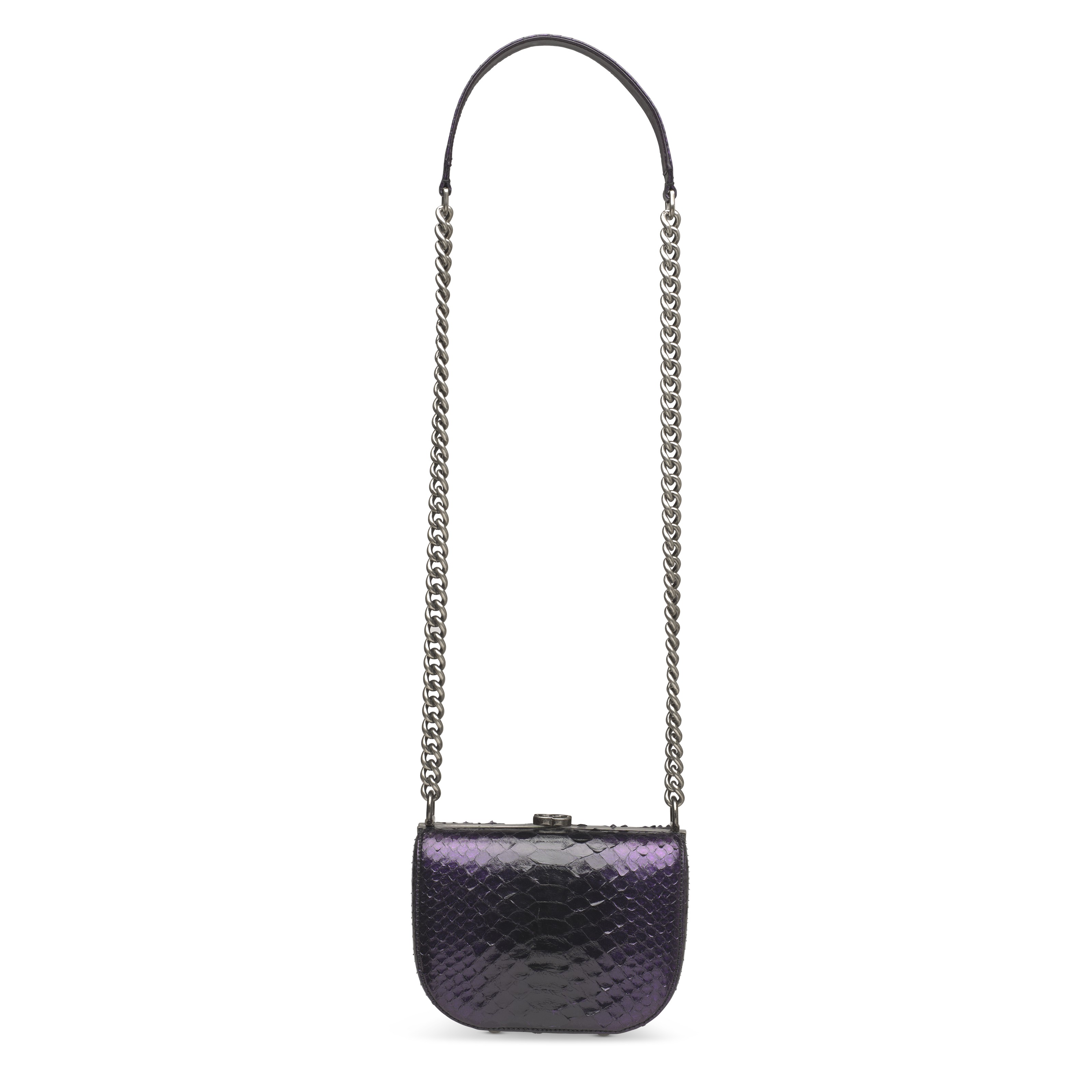 A SHINY PURPLE PYTHON SHOULDER BAG WITH DISTRESSED SILVER HARDWARE ...