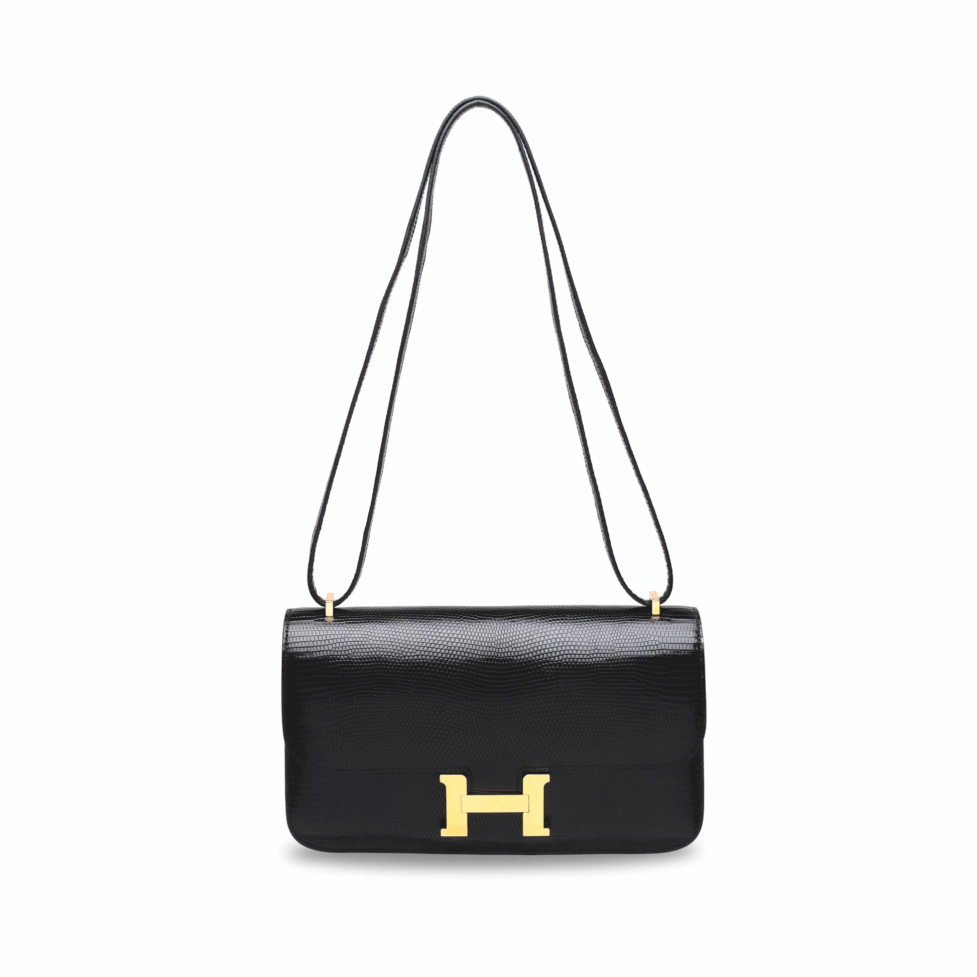 A SHINY BLACK NILOTICUS LIZARD CONSTANCE ÉLAN WITH GOLD HARDWARE ...