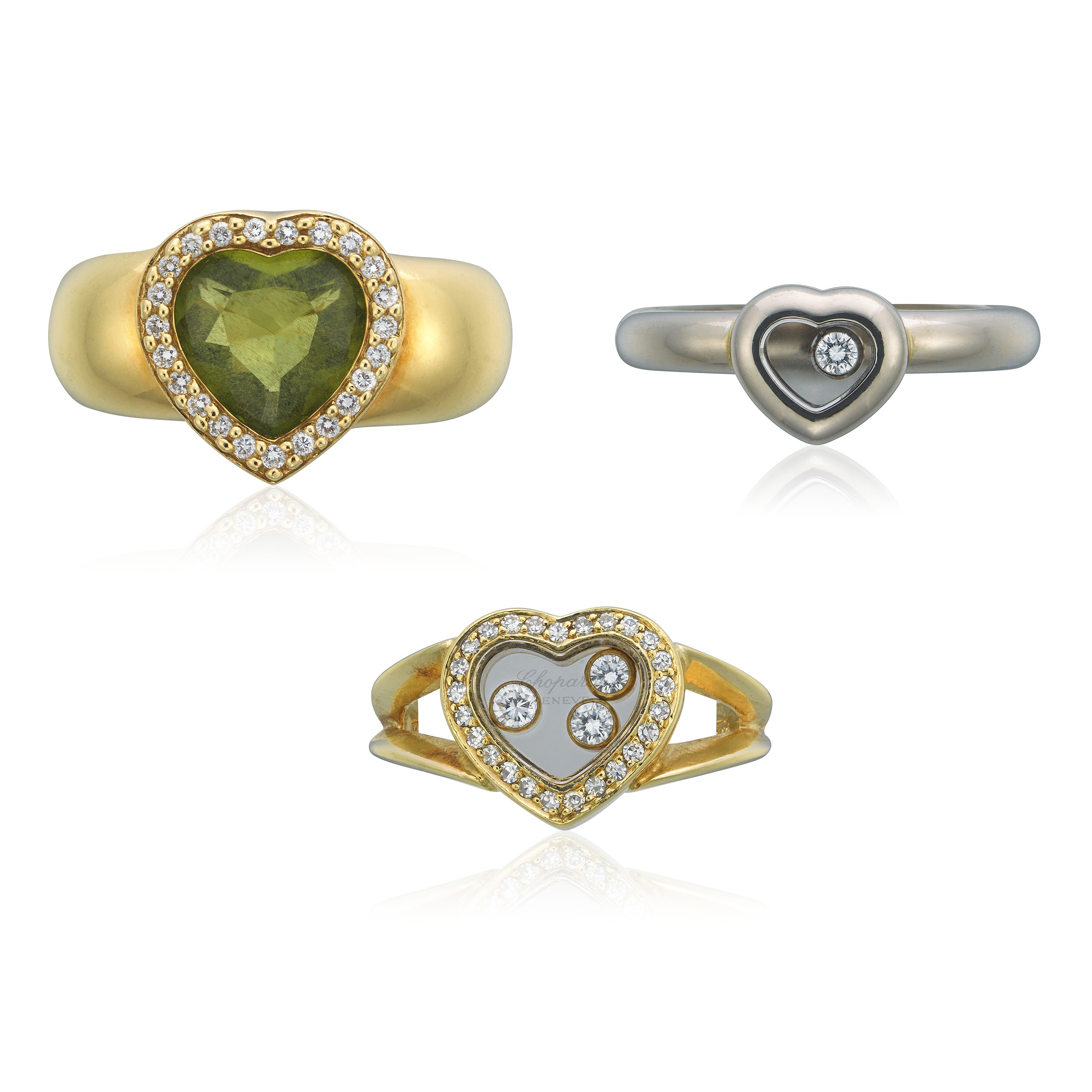TWO CHOPARD GOLD AND DIAMOND RINGS AND ONE PIAGET PERIDOT AND DIAMOND ...