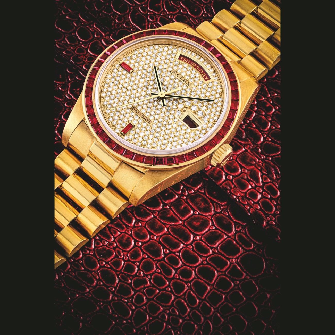 ROLEX. AN EXTREMELY RARE 18K GOLD, DIAMOND AND RUBY-SET AUTOMATIC ...