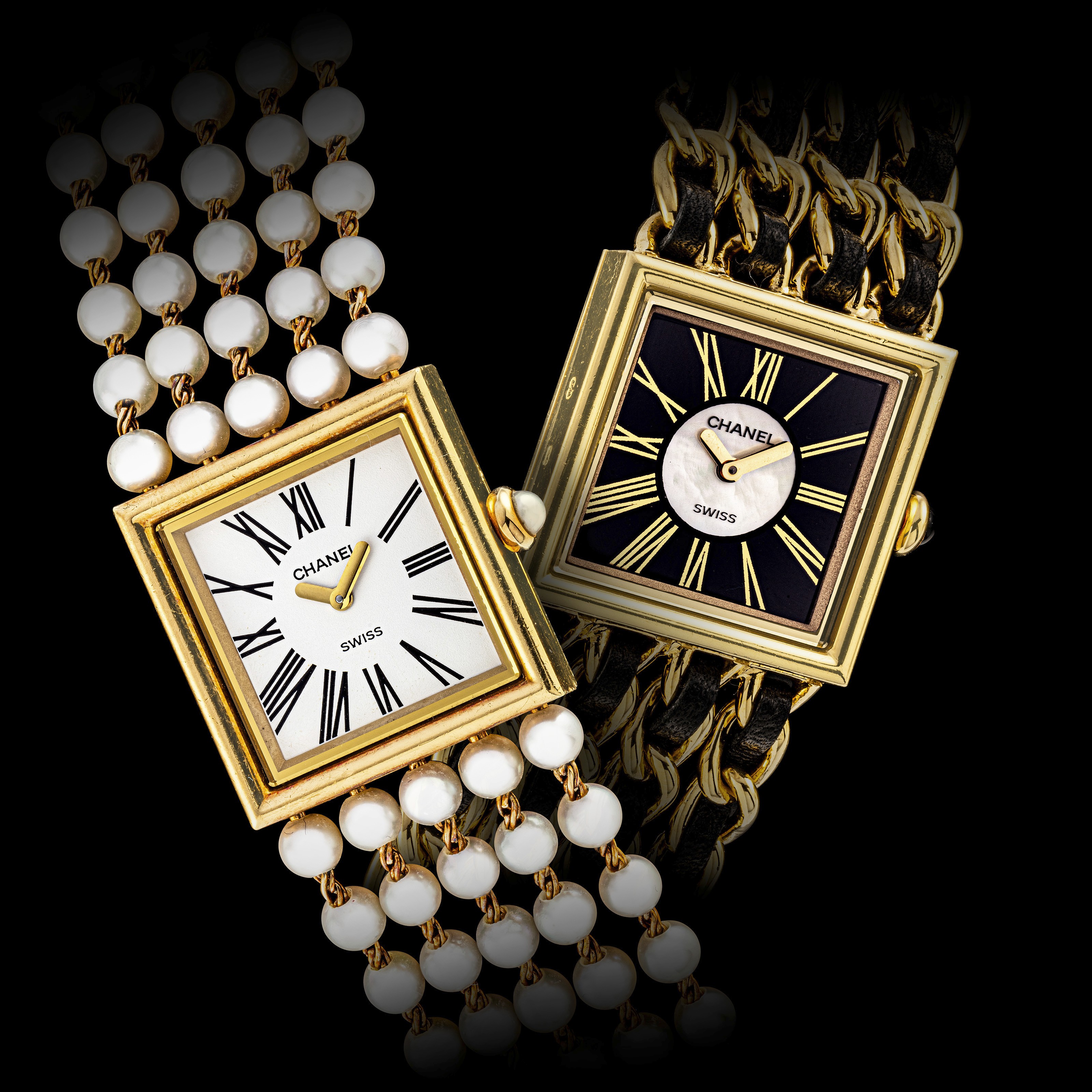 CHANEL, A PAIR OF LADY'S BRACELET WATCH, GOLD WITH CULTURED PEARL-SET ...