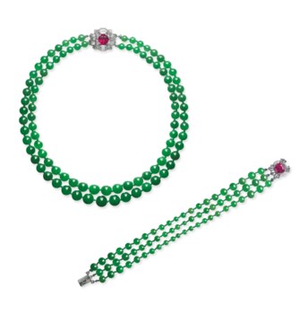 IMPORTANT JADEITE, RUBY AND DIAMOND NECKLACE, BY CARTIER; AND A JADEITE ...