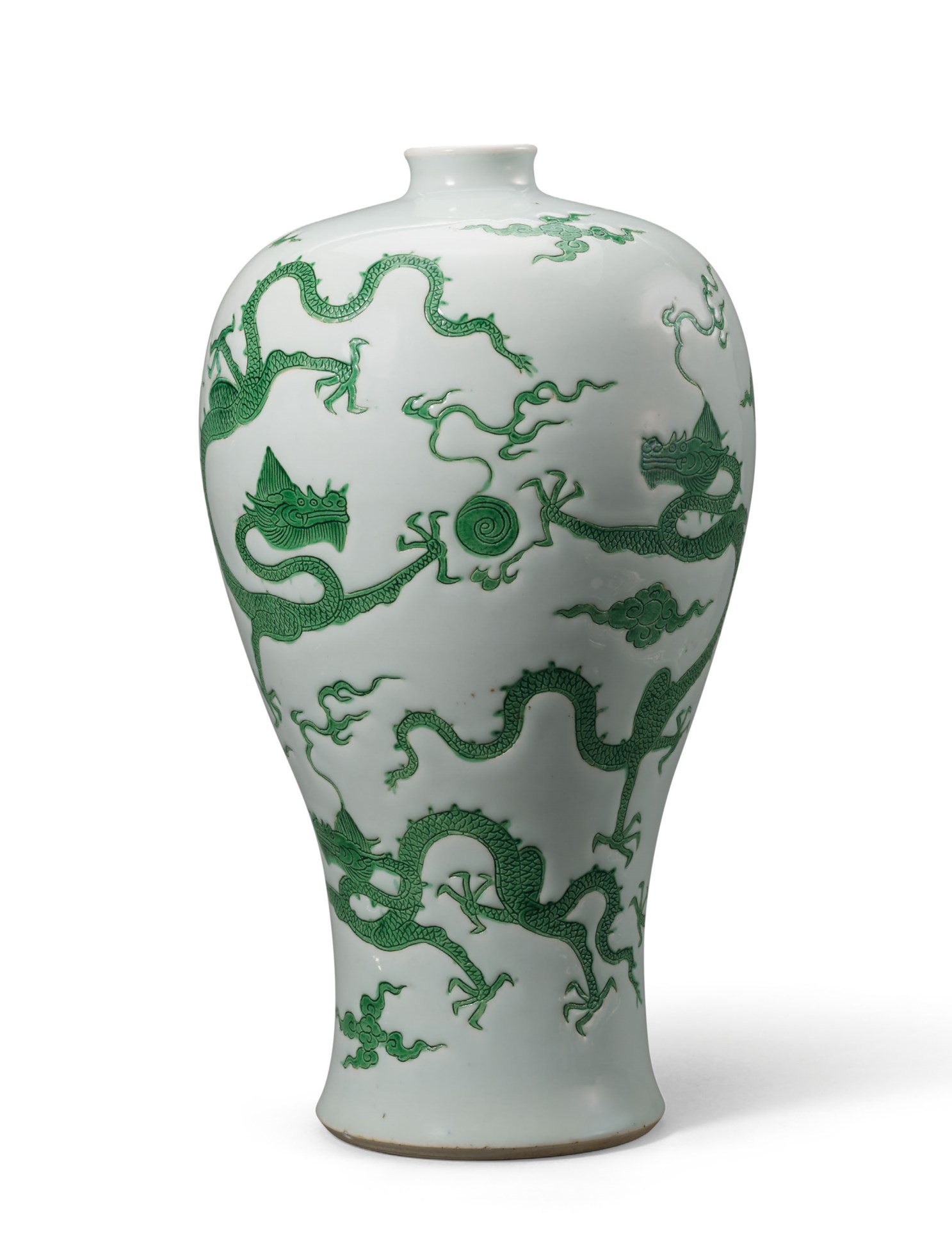 A RARE MING-STYLE INCISED AND GREEN-ENAMELLED ‘DRAGON’ VASE, MEIPING ...