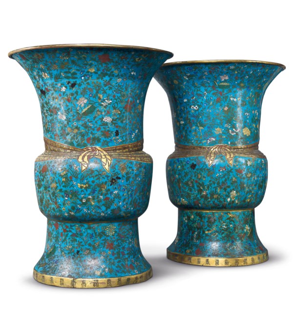 A VERY RARE AND LARGE PAIR OF CLOISONNE ENAMEL ZUN-FORM VASES, QIANLONG ...