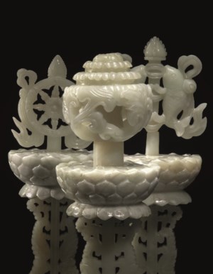 AN EXCEPTIONALLY RARE COMPLETE SET OF PALE GREENISH-WHITE JADE EIGHT ...