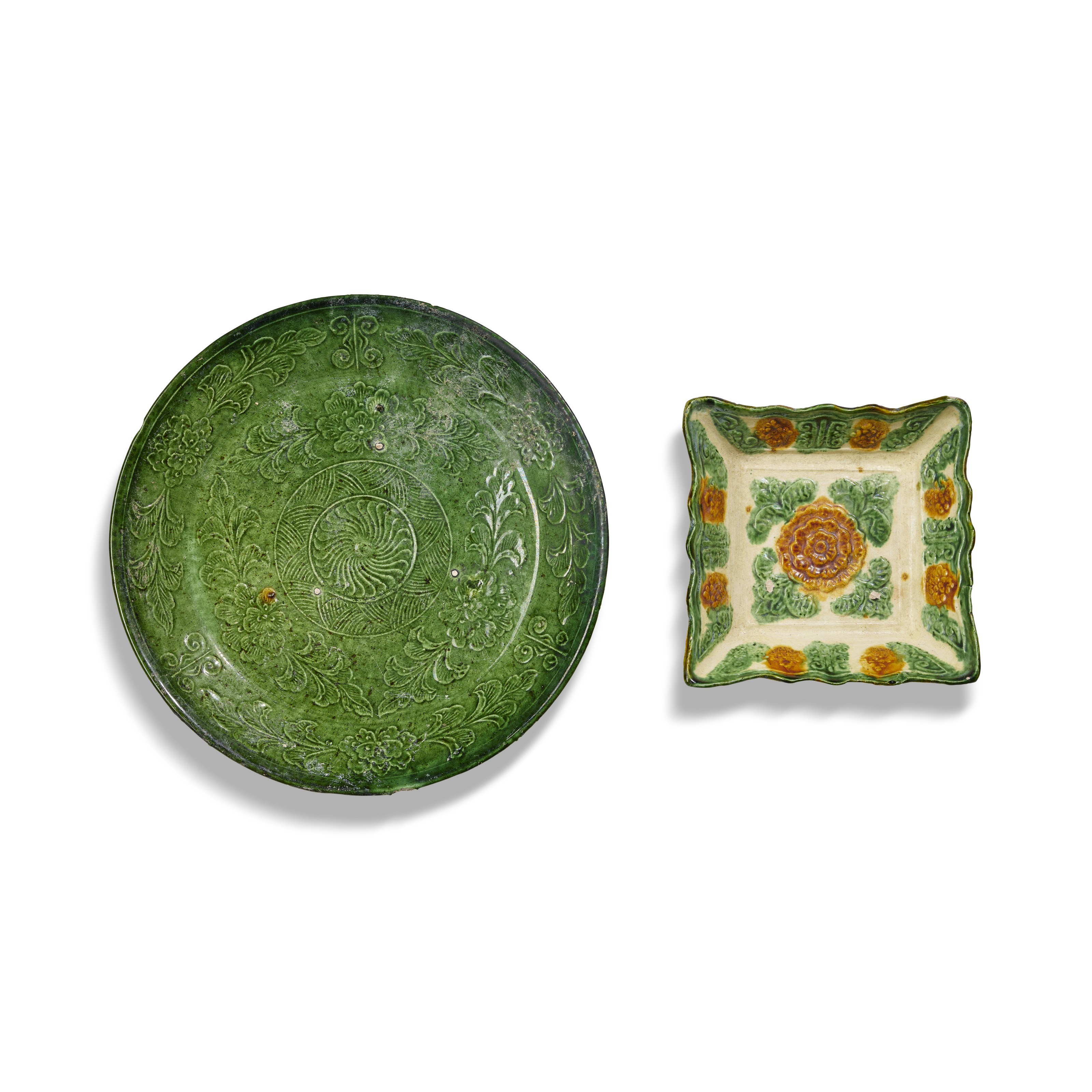 A GREEN-GLAZED MOULDED DISH AND A SANCAI-GLAZED MOULDED SQUARE DISH ...