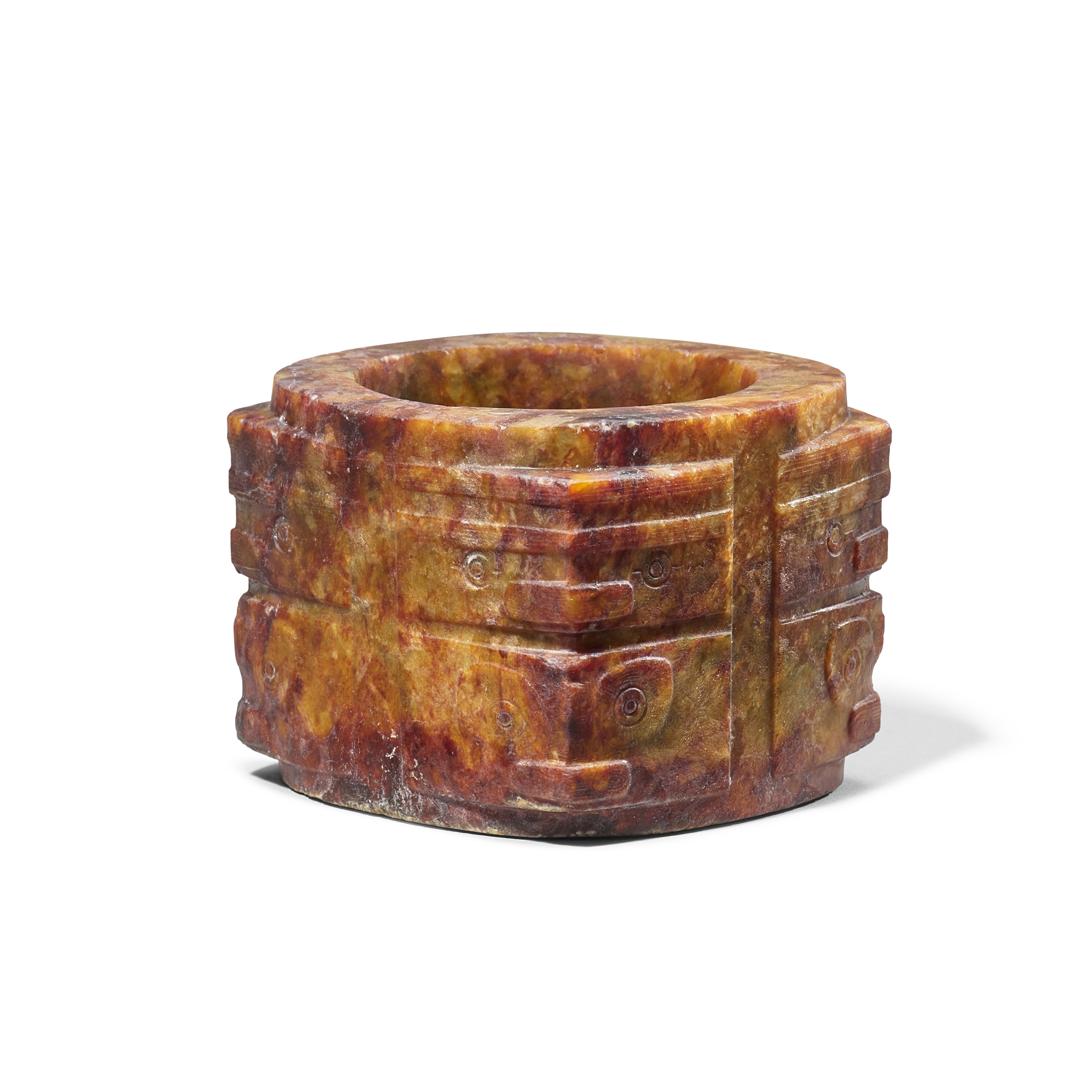 A MOTTLED RUSSET AND CELADON JADE TWO-TIERED JADE CONG, QIJIA CULTURE ...