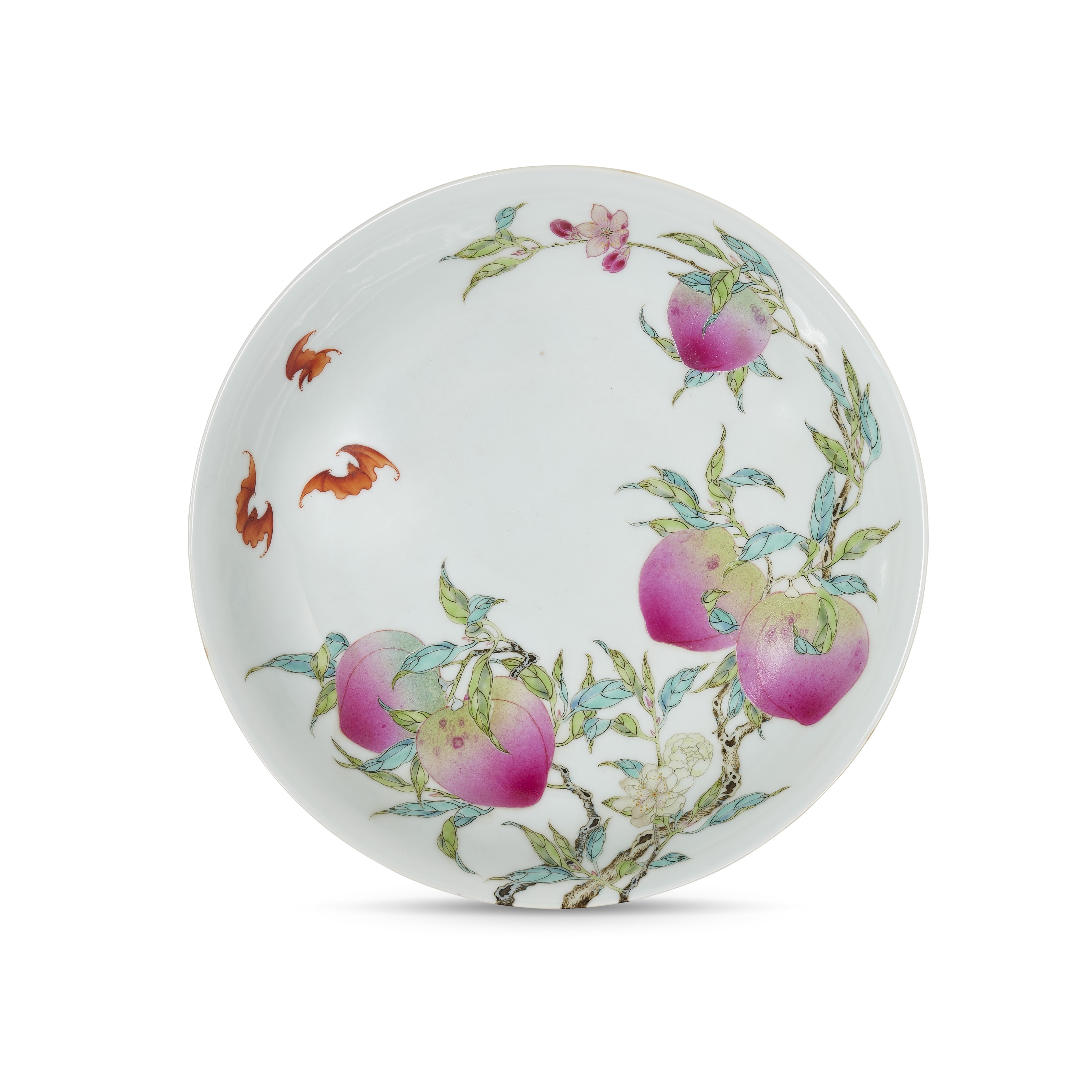 AN ANHUA-DECORATED FAMILLE ROSE 'PEACH AND BAT' DISH, YONGZHENG SIX ...