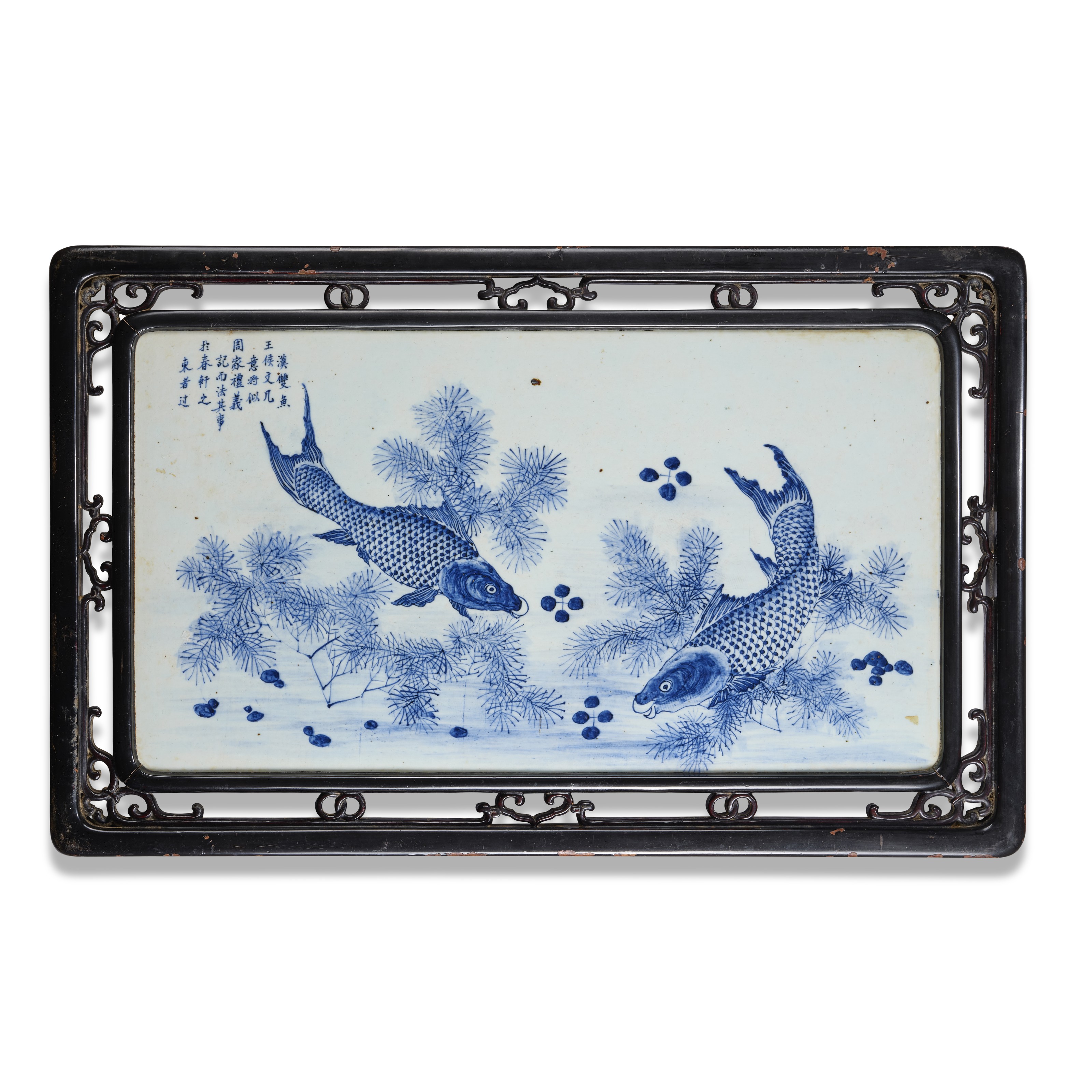 A BLUE AND WHITE INSCRIBED 'DOUBLE-FISH' PORCELAIN PANEL, QING DYNASTY ...
