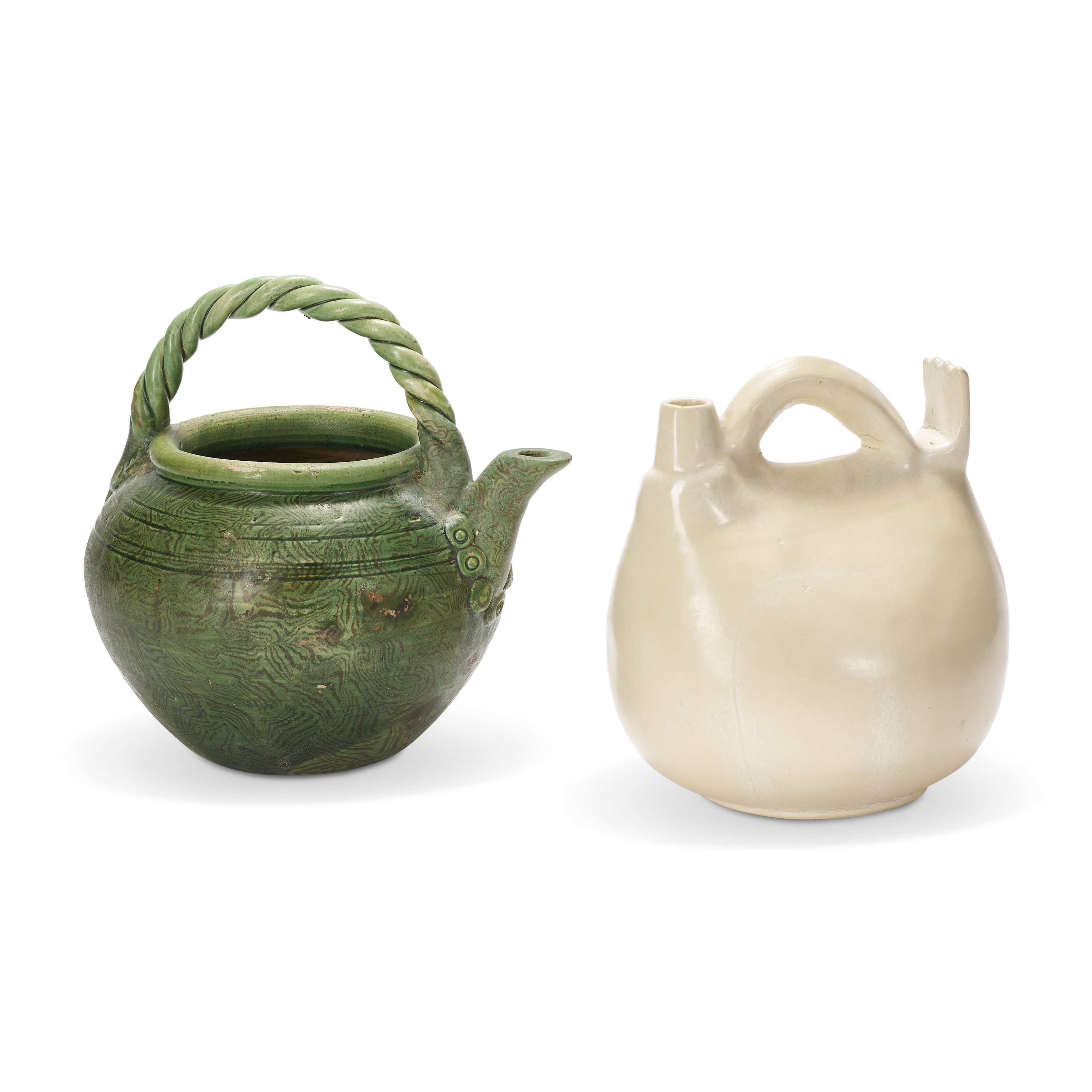A WHITE-GLAZED FLASK AND A GREEN-GLAZED MARBLED POTTERY EWER, | Christie’s
