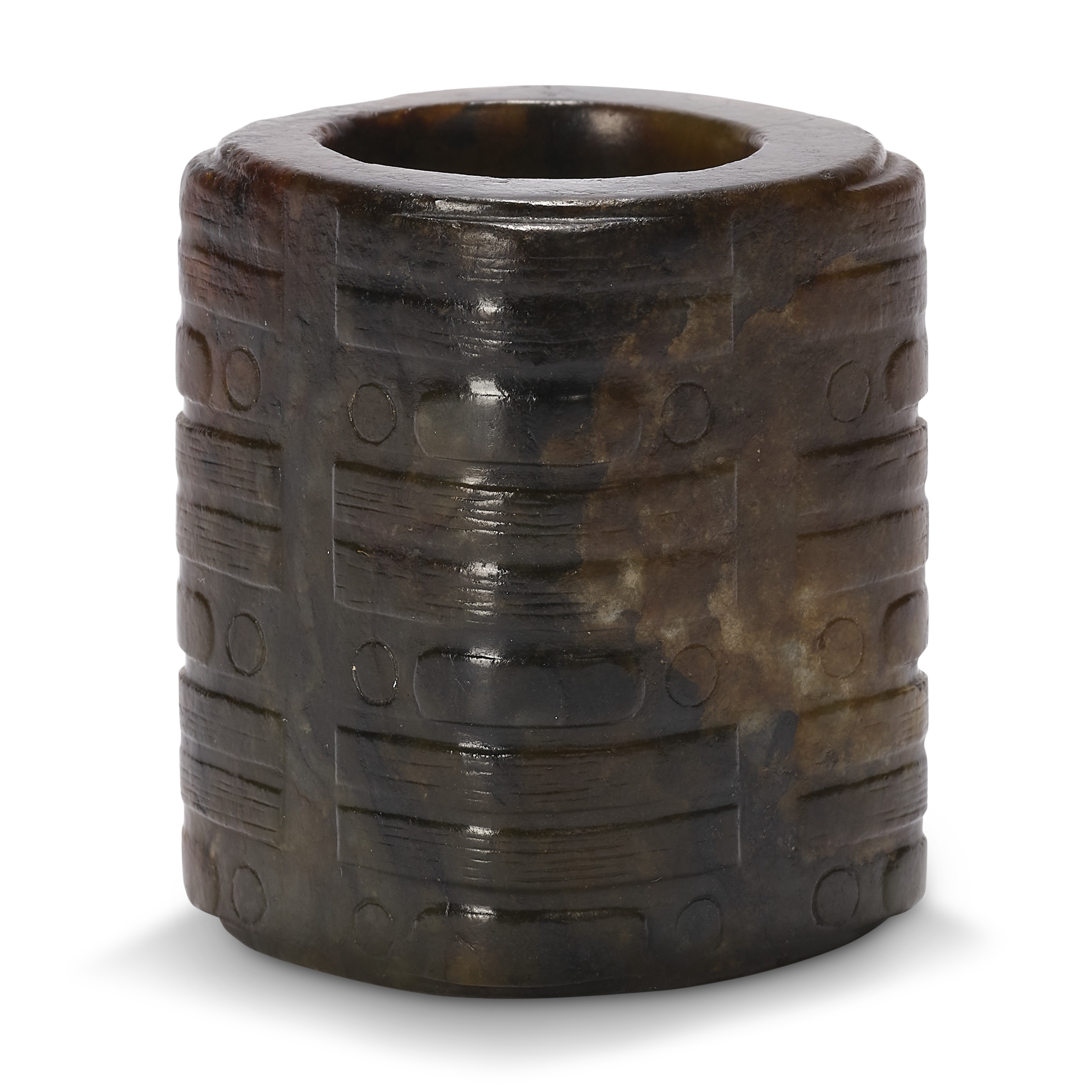 A SMALL MOTTLED GREEN AND BROWN JADE CONG, MING DYNASTY (1368-1644 ...