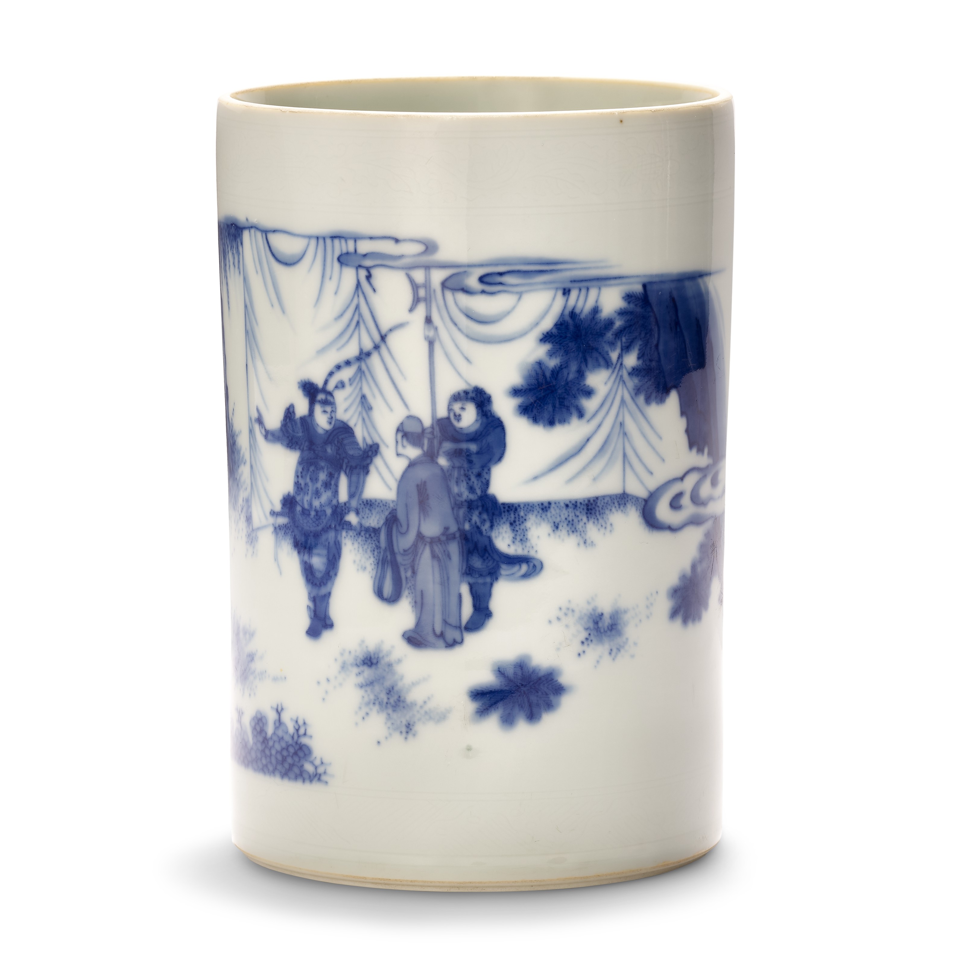 A BLUE AND WHITE 'FIGURAL' BRUSH POT, LATE MING - EARLY QING DYNASTY ...