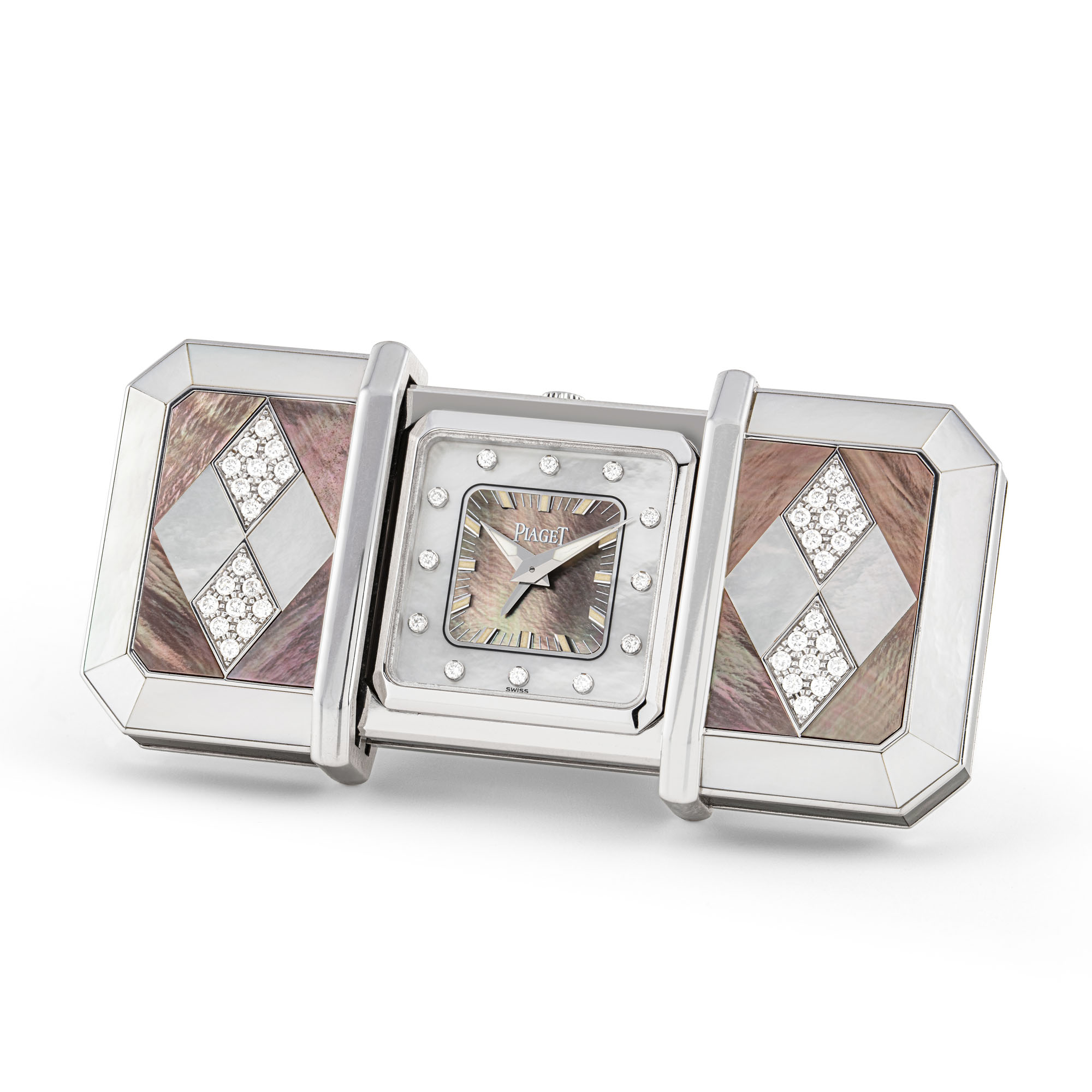 PIAGET, WHITE GOLD, DIAMOND-SET AND MOTHER-OF-PEARL ALARM DESK CLOCK ...