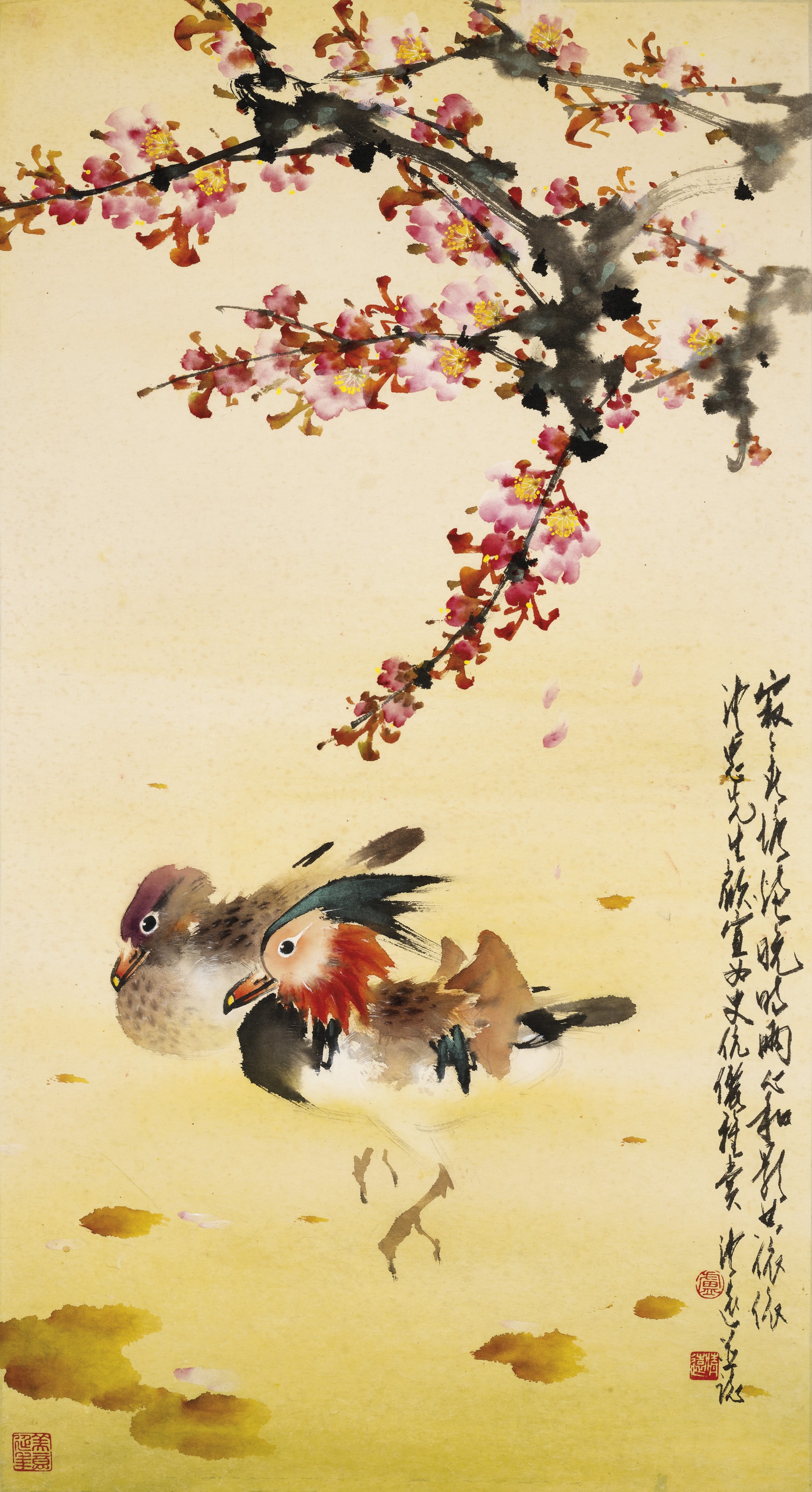 LU QINGYUAN (LO CHING YUAN, B. 1946), Mandarin Ducks and Peach Blossoms ...
