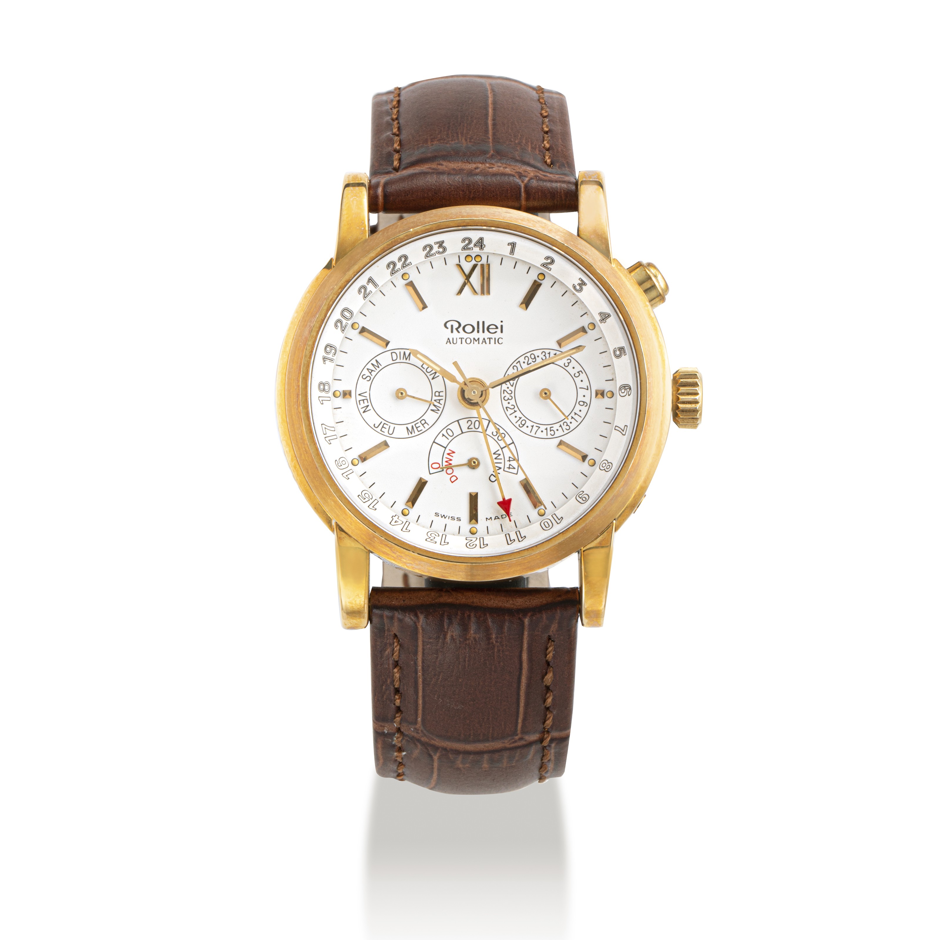 ROLLEI, GOLD WITH POWER RESERVE, DAY, DATE AND 24-HOUR INDICATION ...