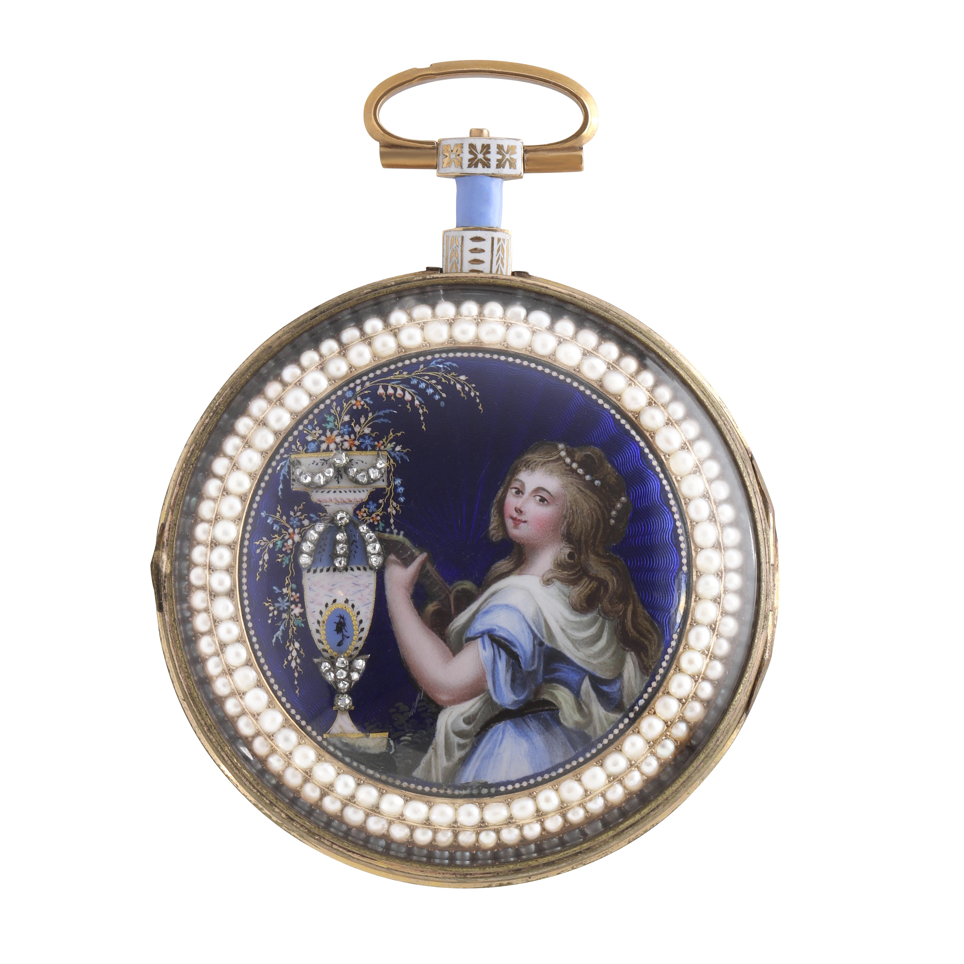 CLARY, GOLD, ENAMEL AND PEARL WATCH WITH GLAZED DISPLAY CASE, | Christie’s