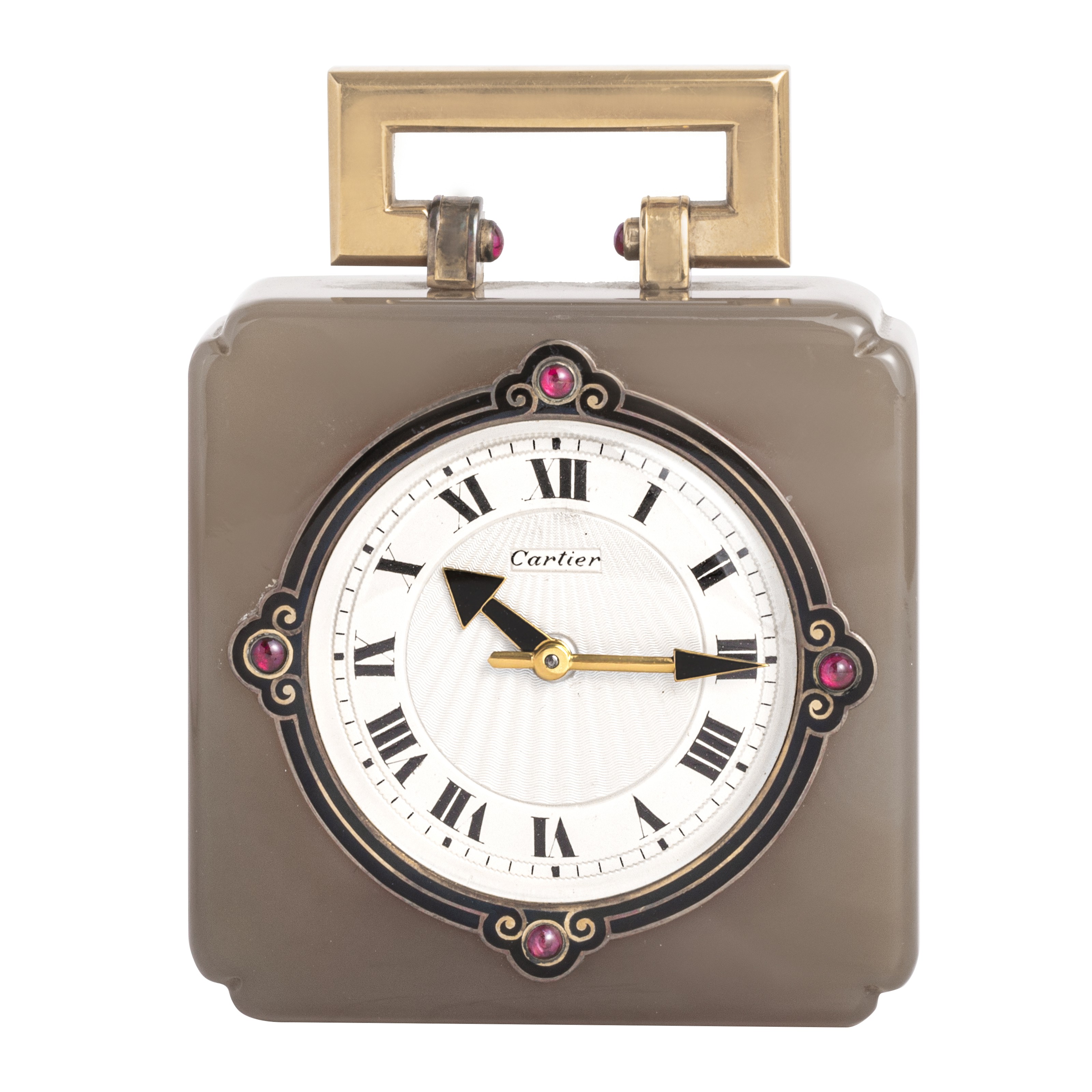 CARTIER, GOLD AND HARDSTONE, WITH ENAMEL AND RUBY-SET DESK CLOCK ...