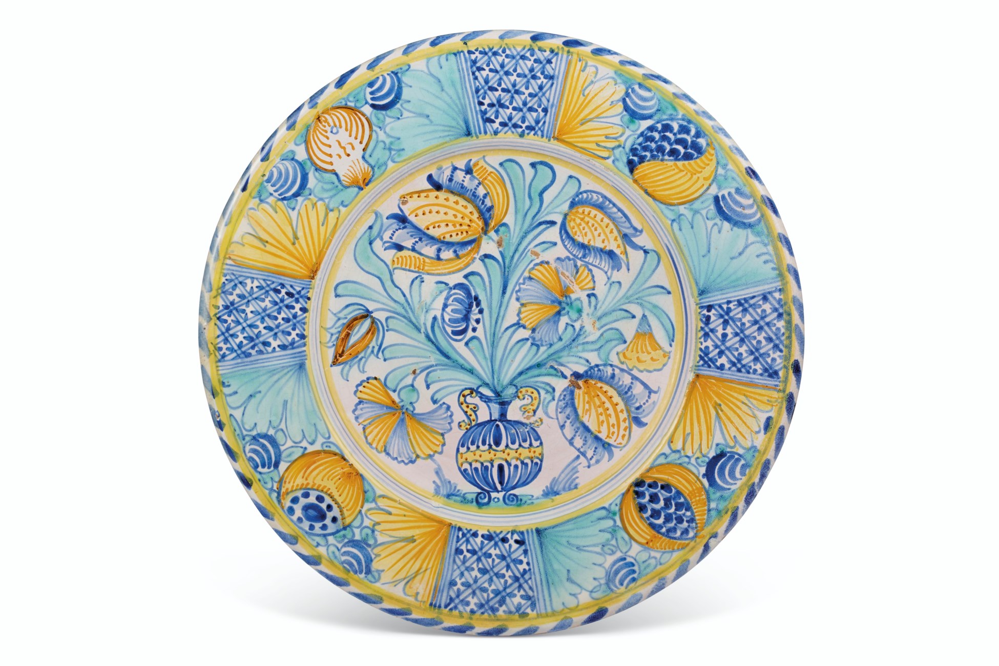 A LONDON DELFT POLYCHROME BLUE-DASH TULIP AND CARNATION CHARGER, CIRCA ...