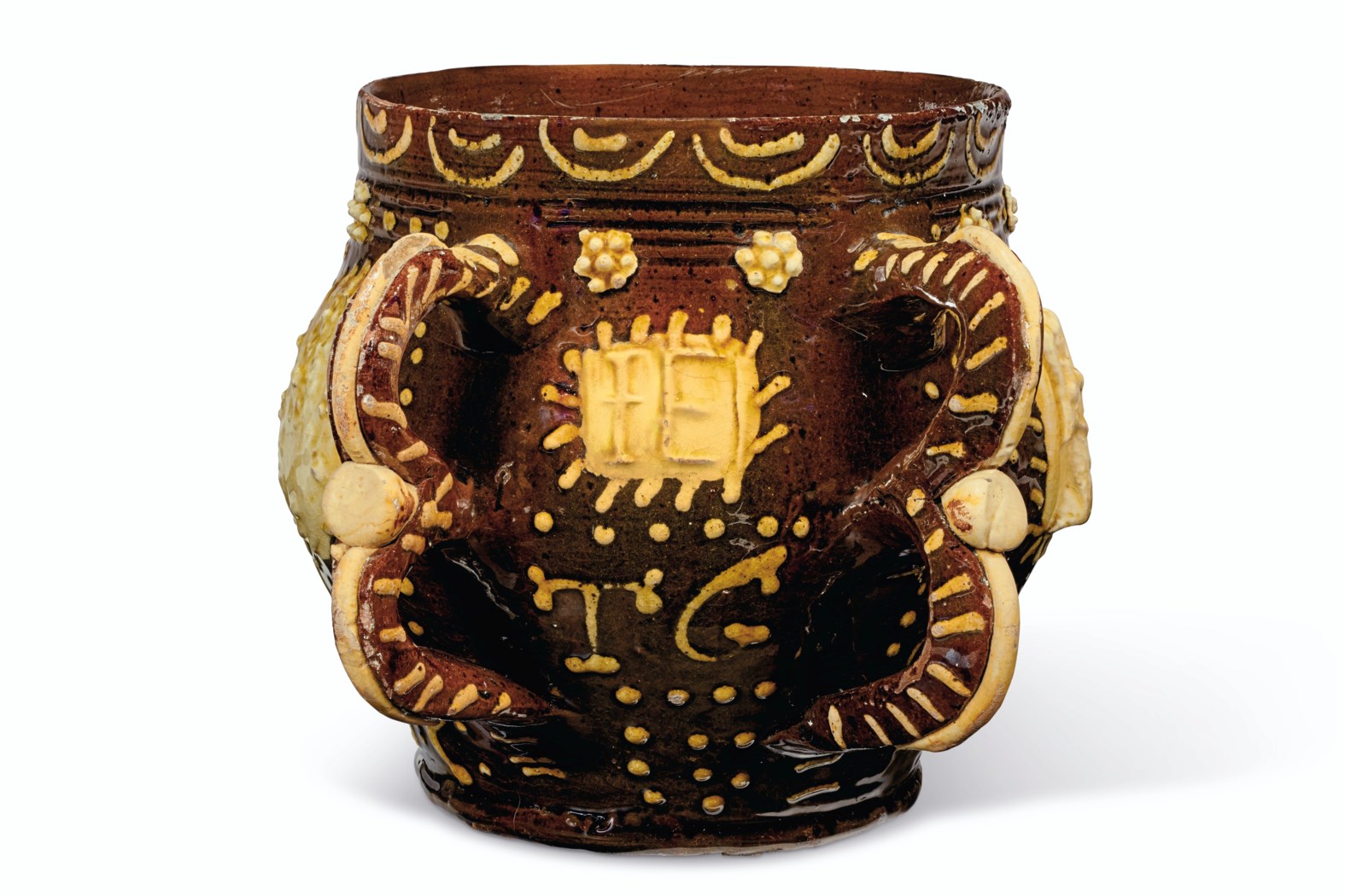 A LARGE WROTHAM SLIPWARE TWO-HANDLED DATED AND INITIALED TYG, DATED ...