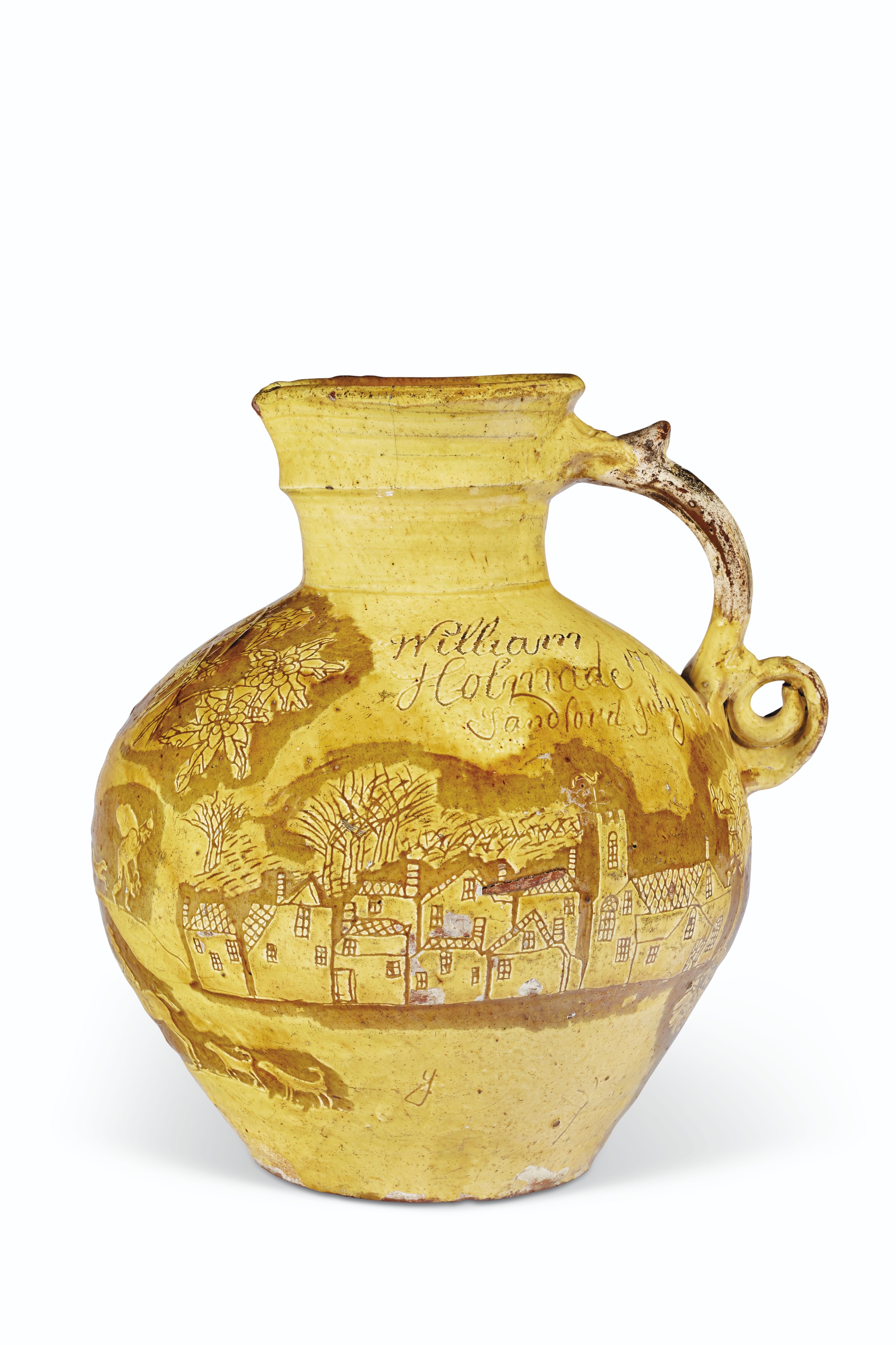 A NORTH DEVON SGRAFFITO SLIPWARE DATED AND INSCRIBED HARVEST JUG