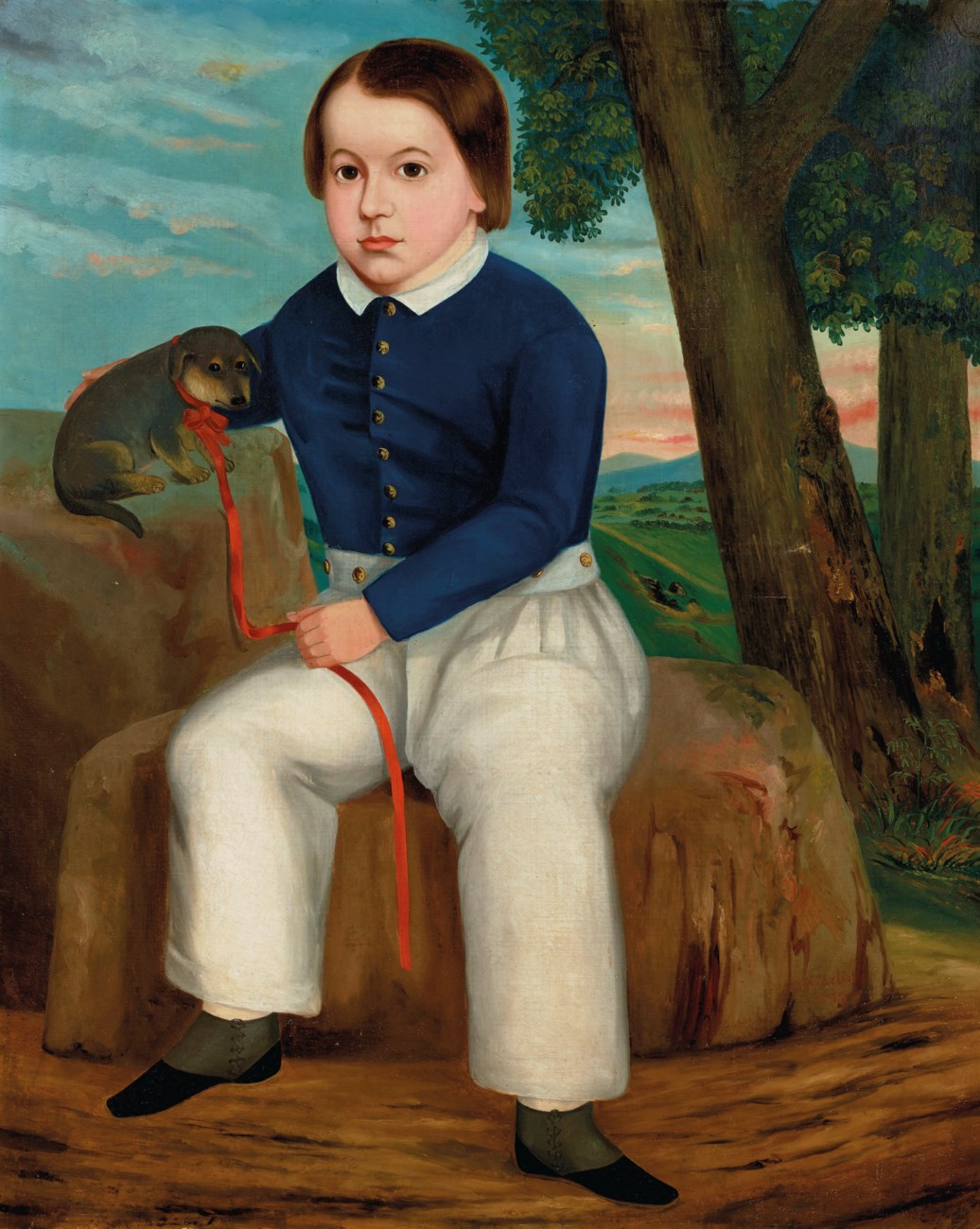 ANDREW CARLIN (1816-1871), Portrait of a Young Boy and His Puppy on a ...