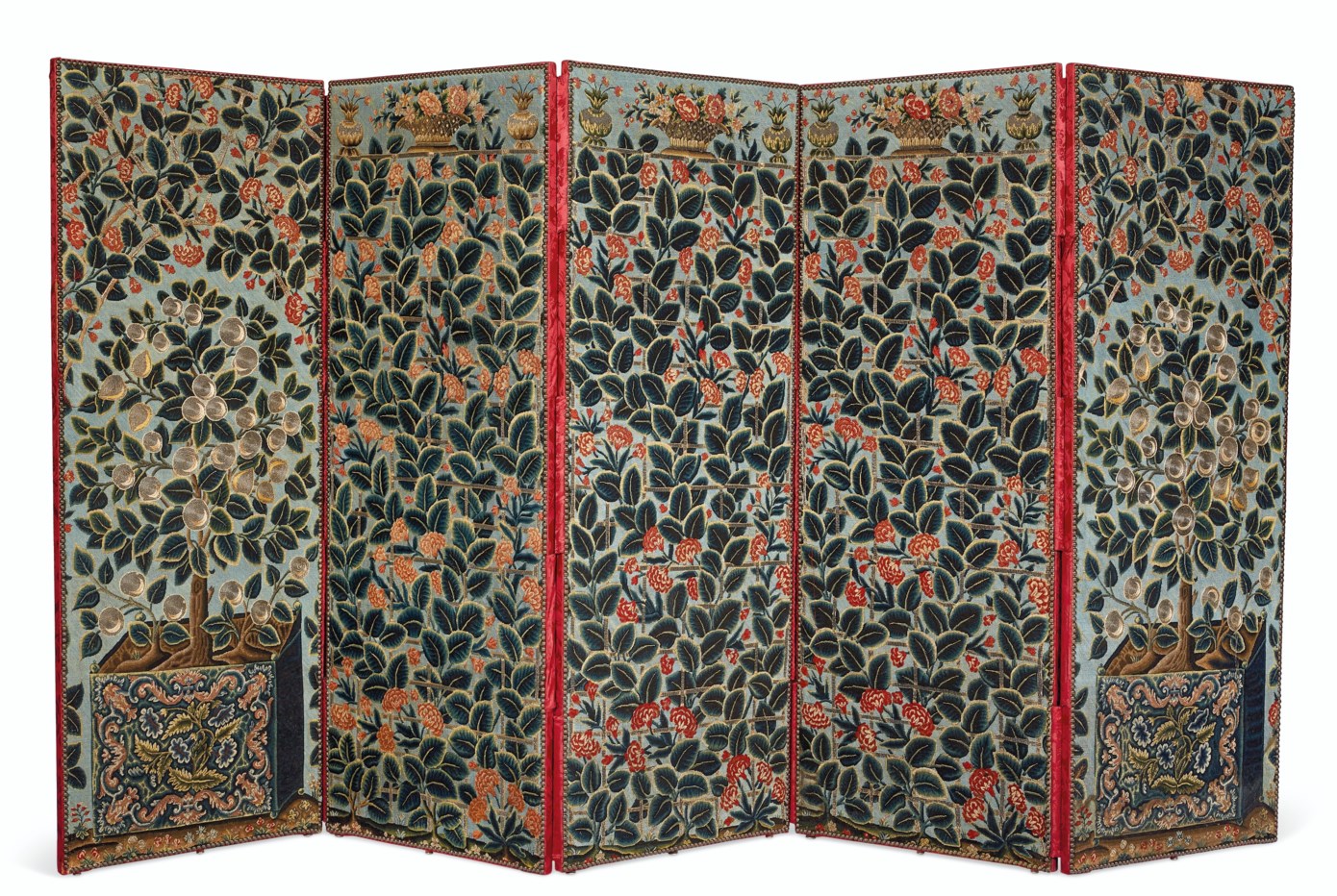 A FRENCH SILK AND WOOL NEEDLEWORK AND SILVER THREAD FIVE-PANEL SCREEN ...