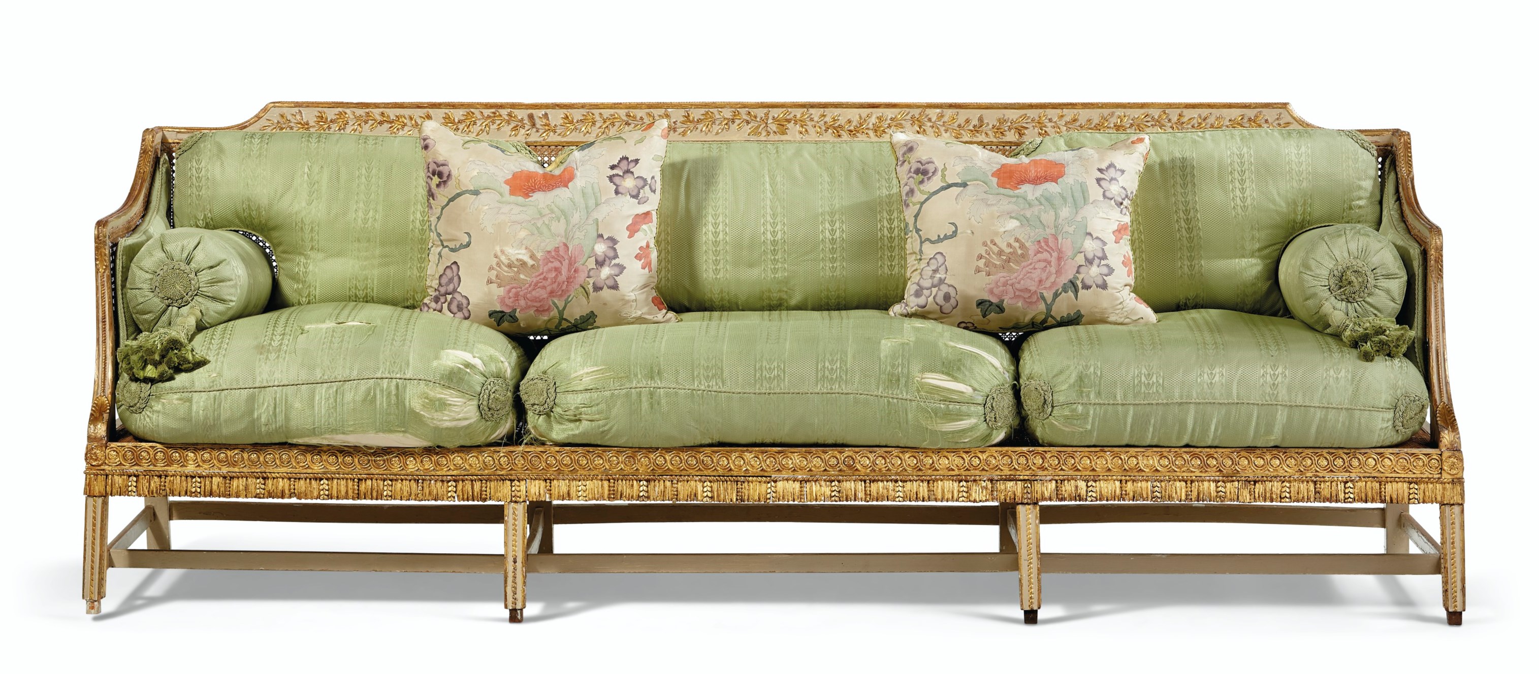 A LATE GEORGE III WHITE-PAINTED, GILTWOOD AND GILT-COMPOSITION SETTEE ...