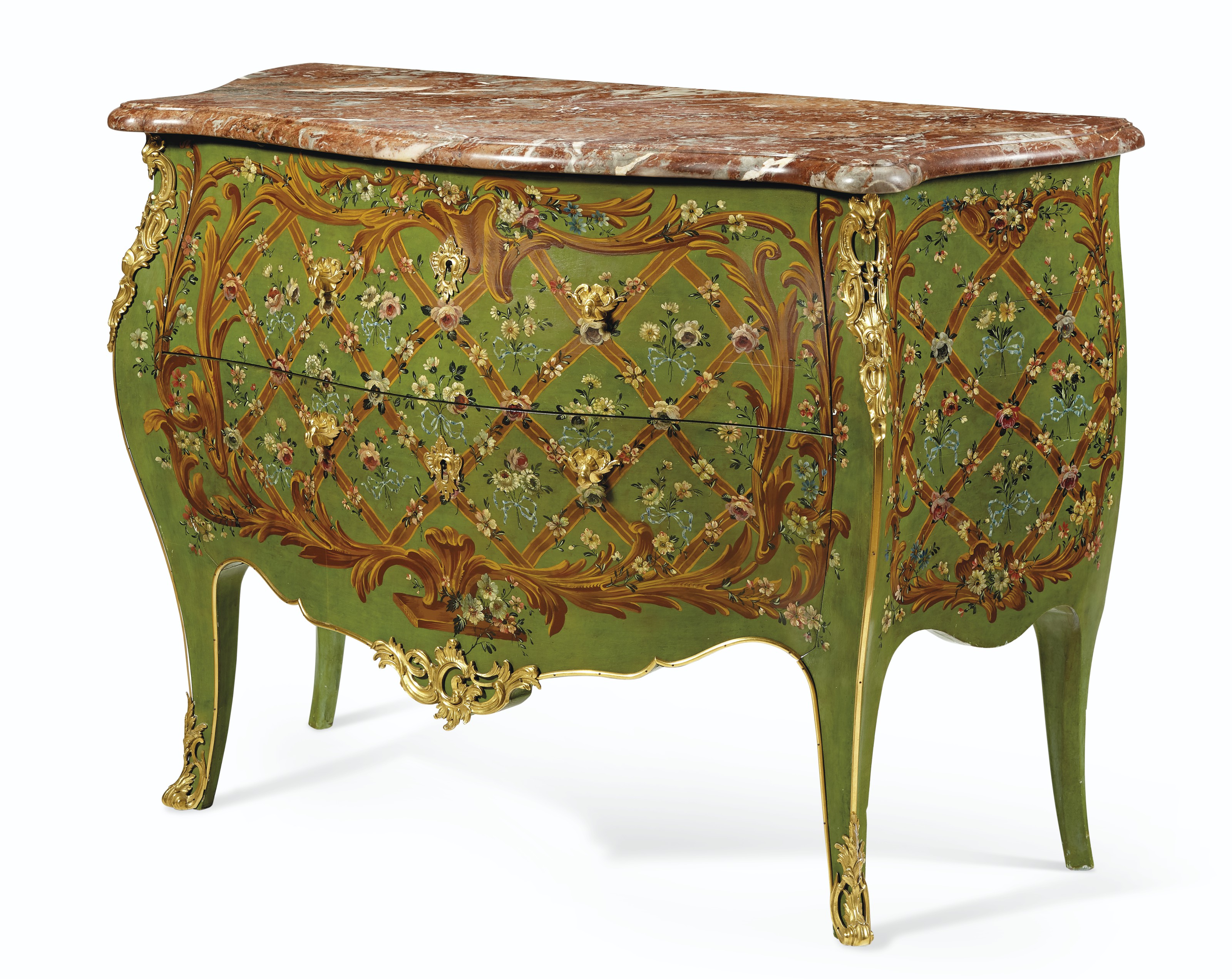 A FRENCH ORMOLU-MOUNTED GREEN AND POLYCHROME-PAINTED VERNIS MARTIN COMMODE