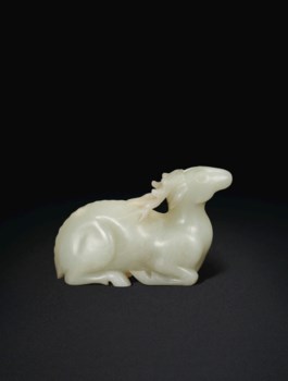 A LARGE WHITE JADE FIGURE OF A RECUMBENT STAG, 17TH-18TH CENTURY ...