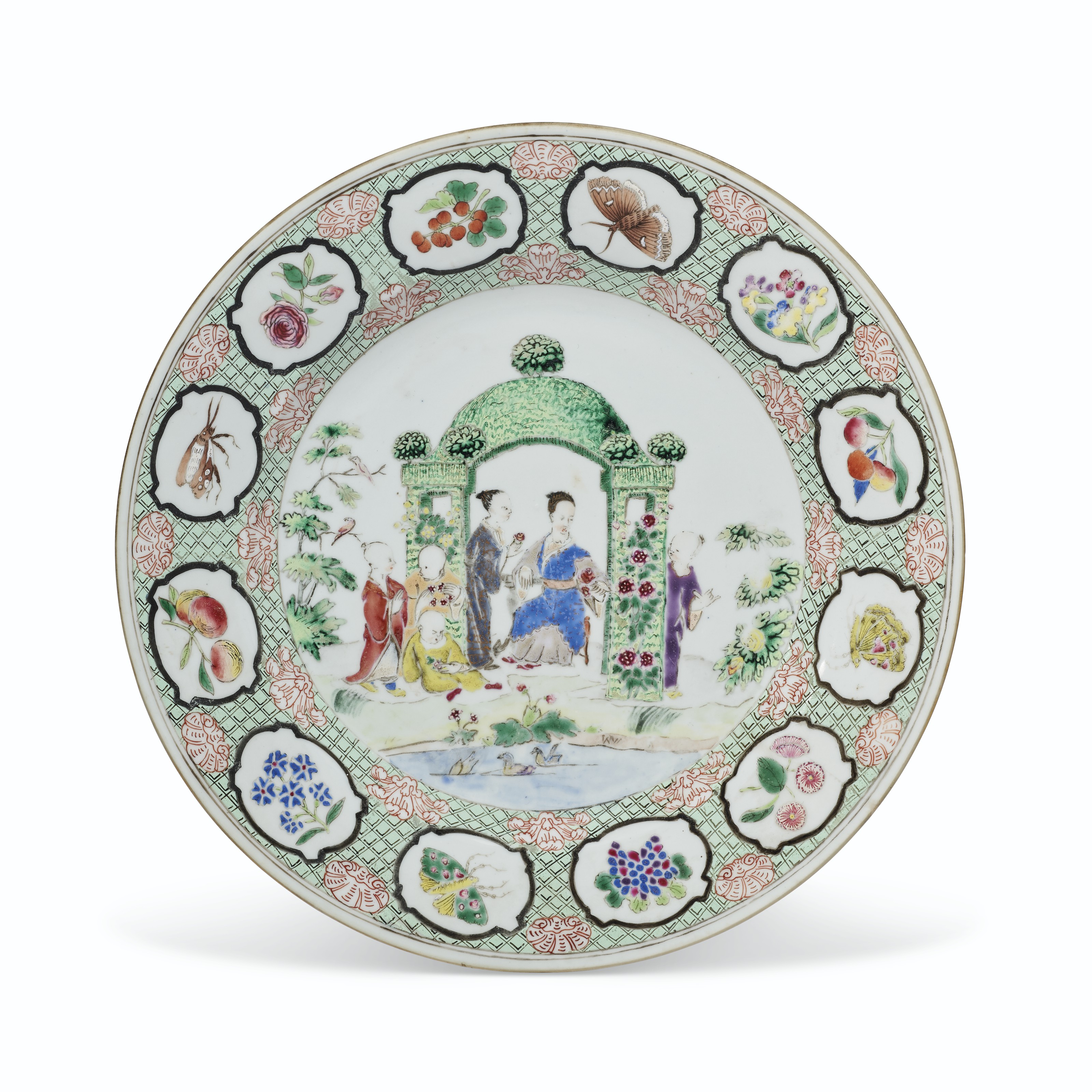 A FAMILLE ROSE 'PRONK ARBOR' PLATE, QIANLONG PERIOD, CIRCA 1738 ...