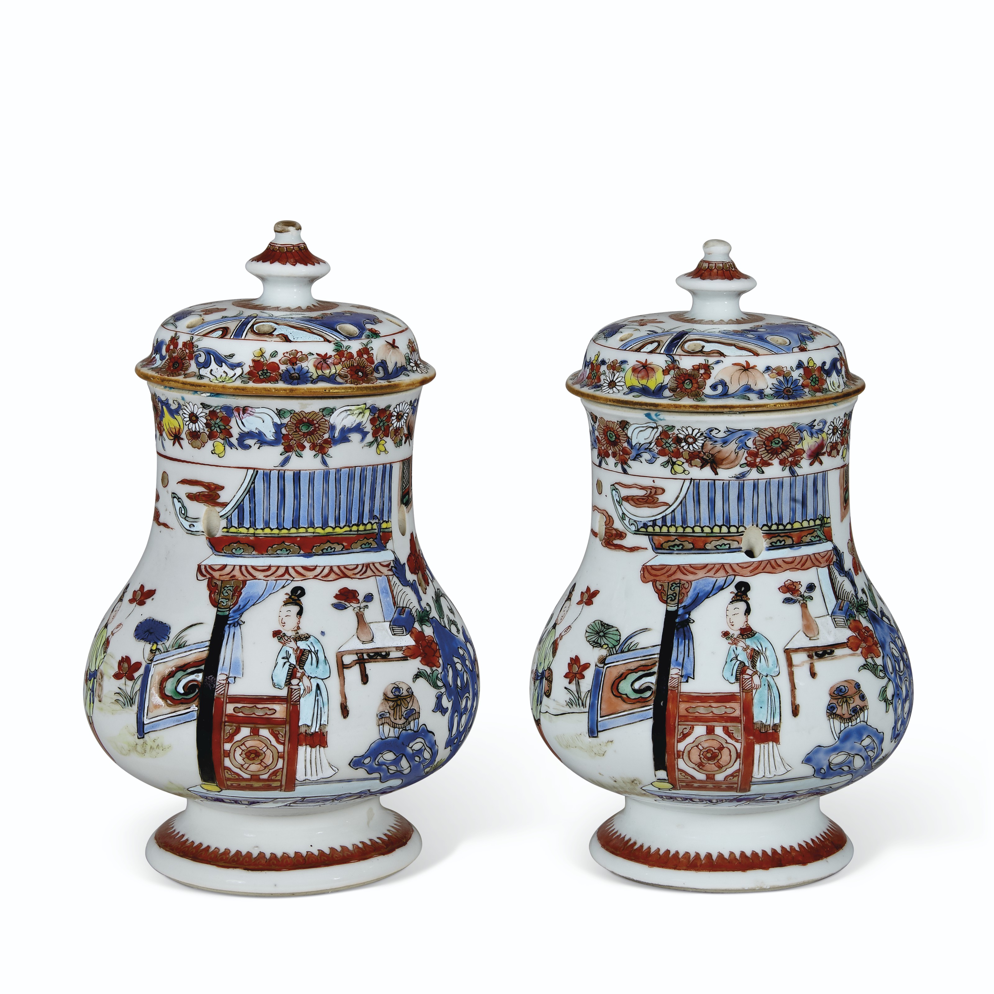 A PAIR OF VERTE-IMARI POT-POURRI JARS AND COVERS, KANGXI/YONGZHENG ...