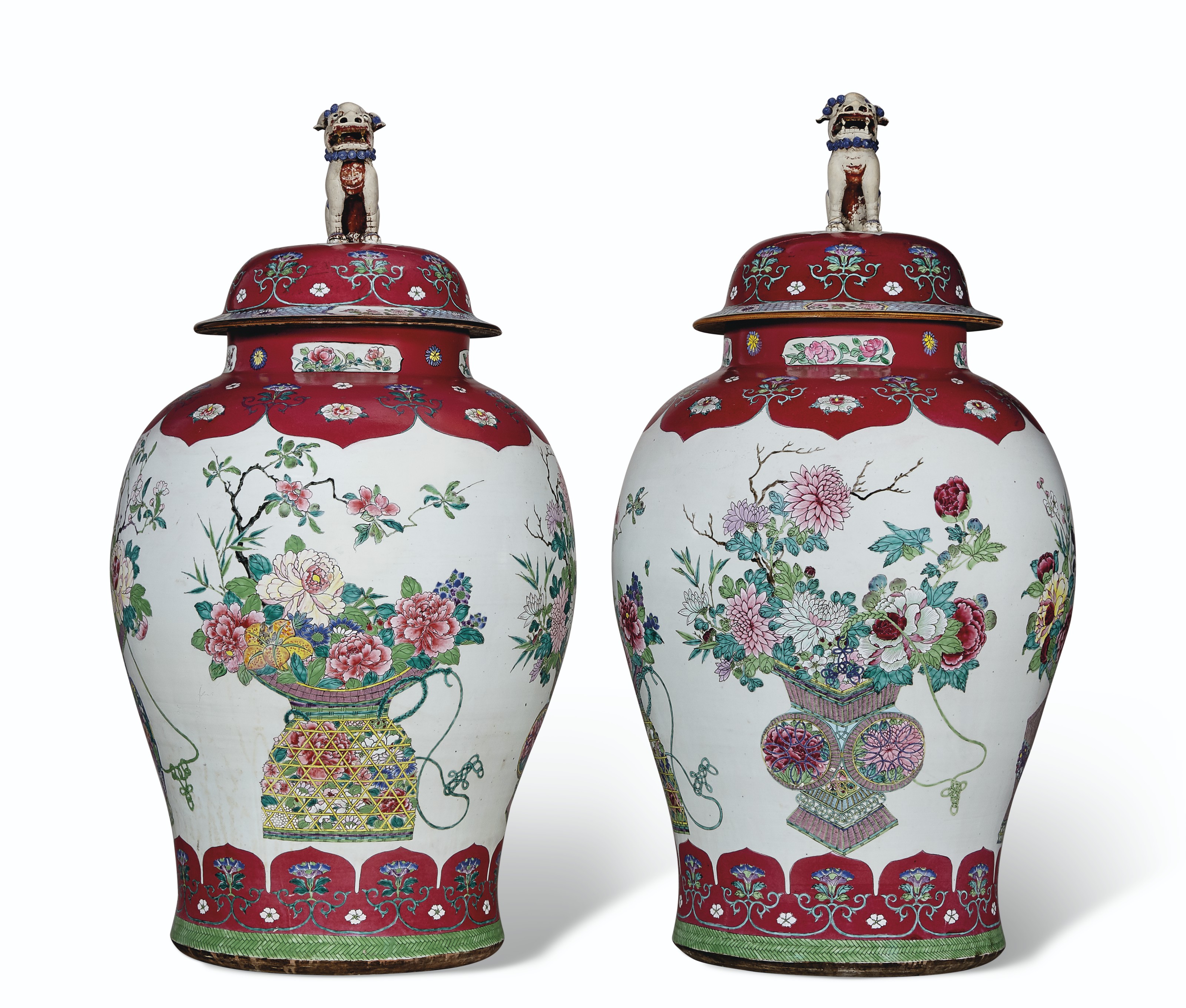A MASSIVE PAIR OF RUBY AND FAMILLE ROSE JARS AND COVERS, YONGZHENG ...