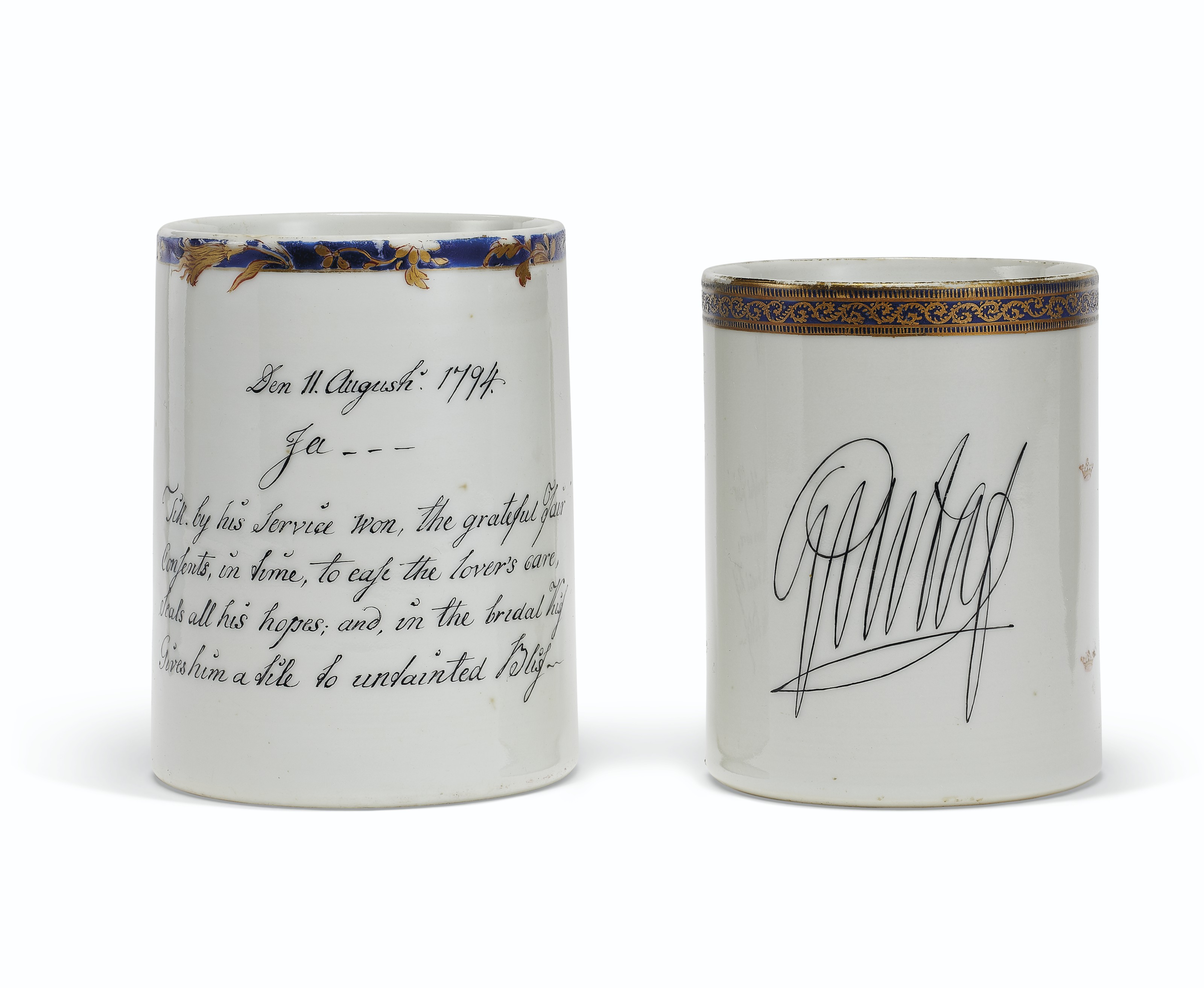 TWO RARE INSCRIBED EUROPEAN SUBJECT MUGS, LATE 18TH/EARLY 19TH CENTURY ...