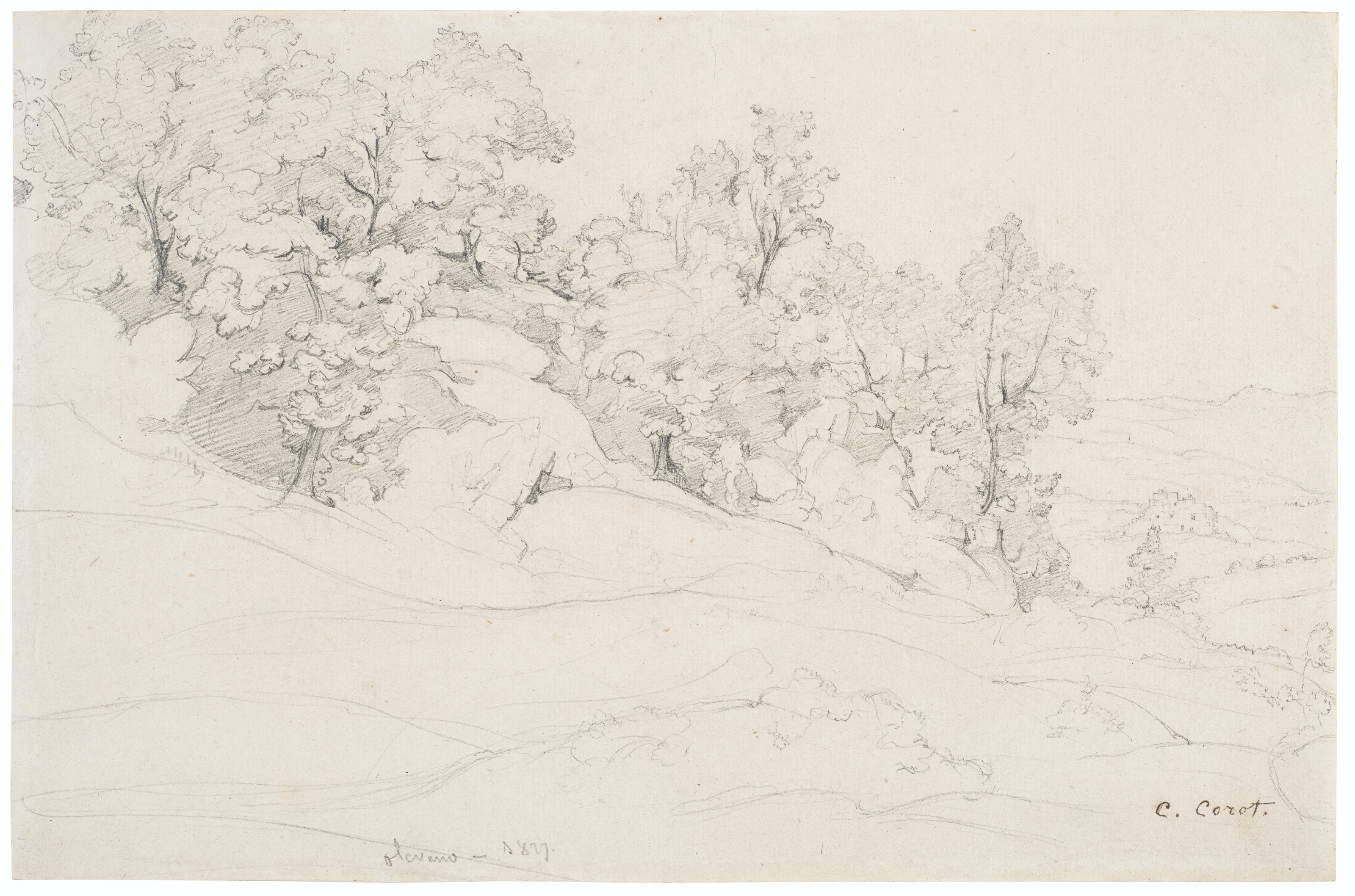 JEAN-BAPTISTE-CAMILLE COROT (Paris 1796-1875), Landscape of Olevano ...