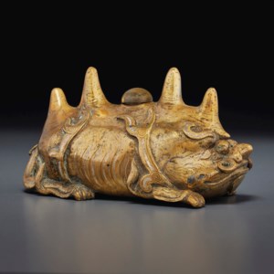 A SILVER-INLAID BRONZE MYTHICAL BEAST-FORM WATER POT AND BRUSH REST ...