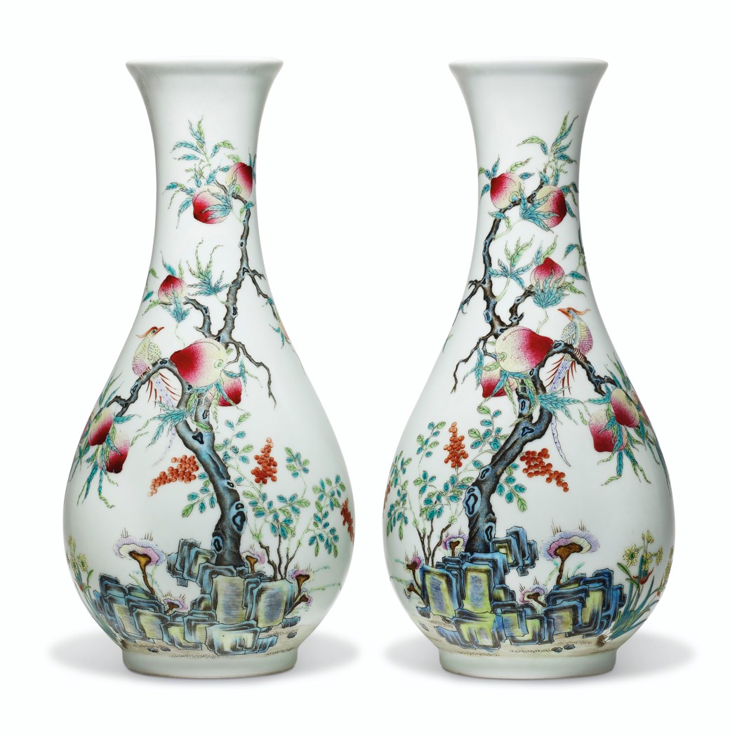 A PAIR OF FAMILLE ROSE `PEACH' VASES, REPUBLIC PERIOD | Christie's