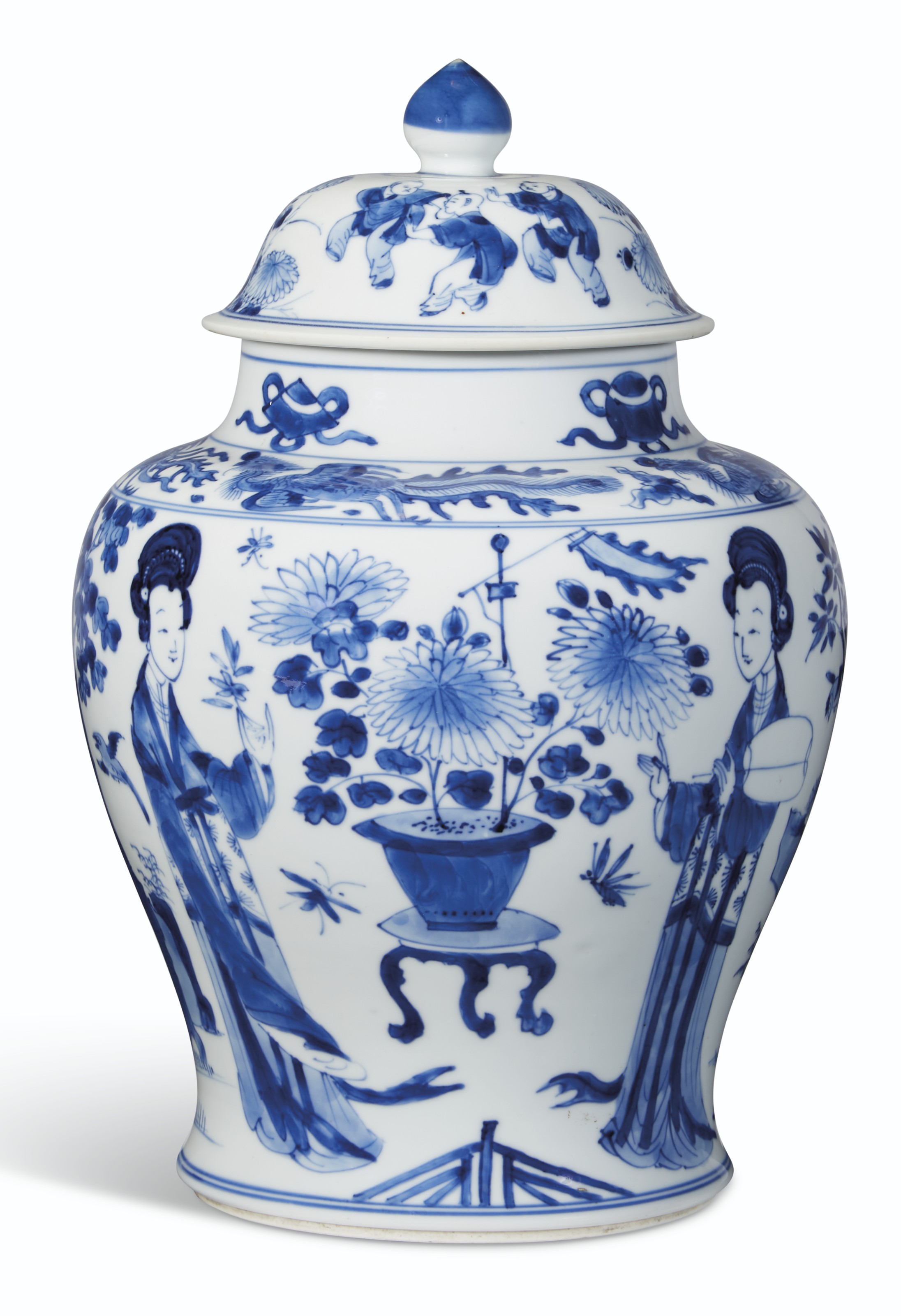 A CHINESE BLUE AND WHITE PORCELAIN JAR AND COVER, QING DYNASTY, 18TH ...