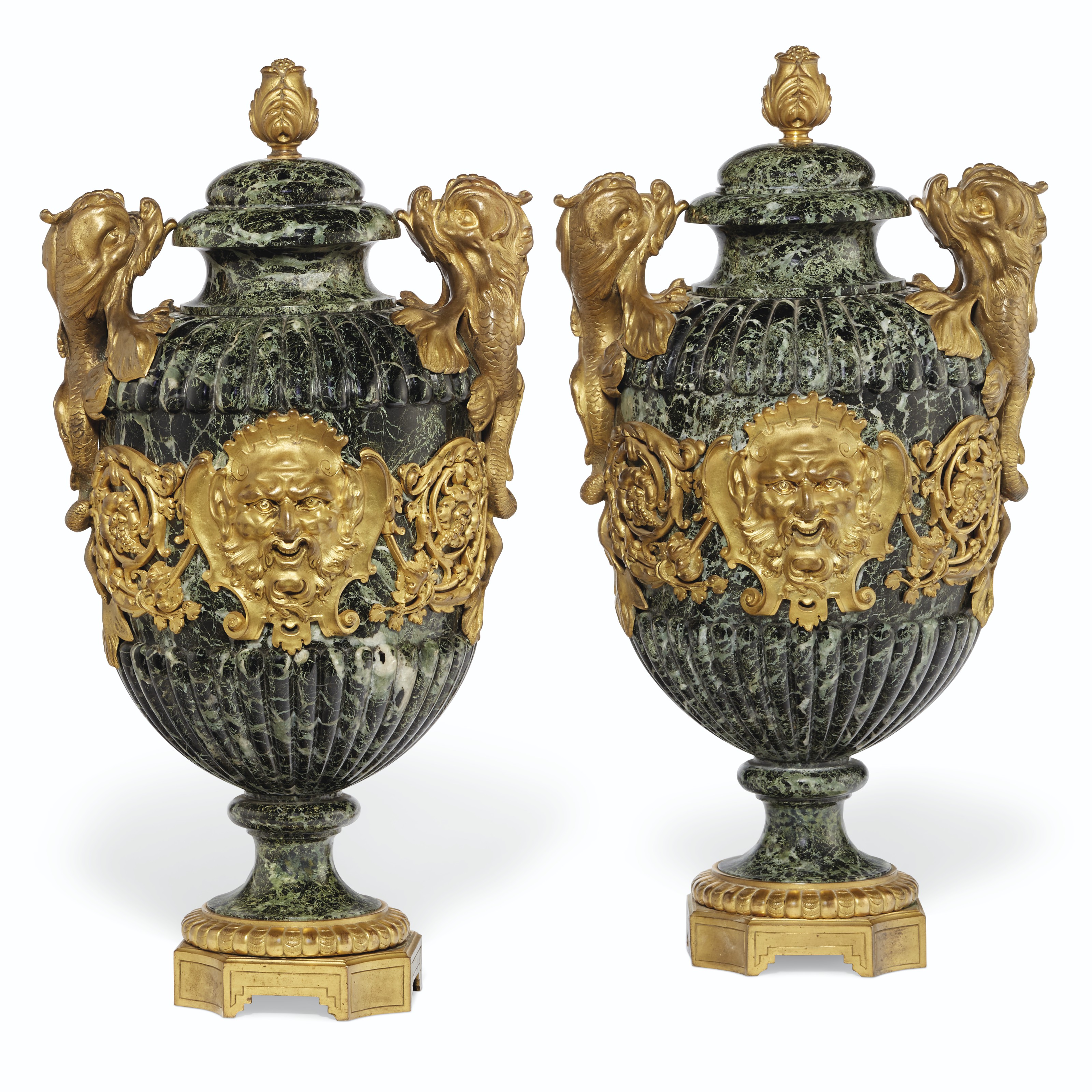 A PAIR OF FRENCH ORMOLU-MOUNTED VERT DE MER VASES AND COVERS, BY MAISON ...