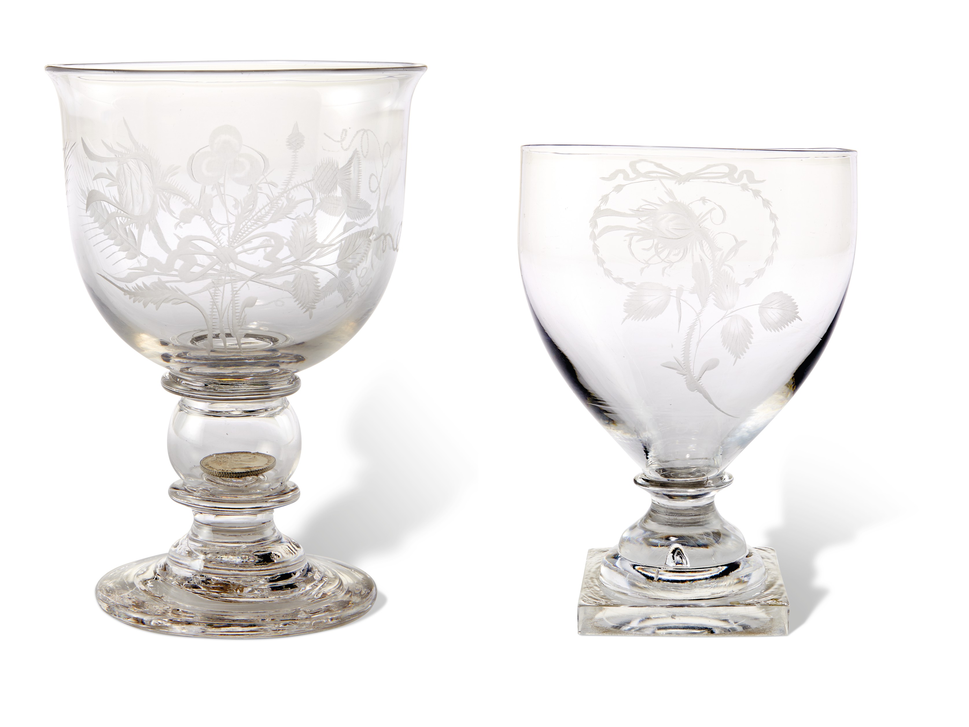 TWO ENGLISH ENGRAVED AND MONOGRAMMED GLASS GOBLETS, FIRST QUARTER 19TH ...
