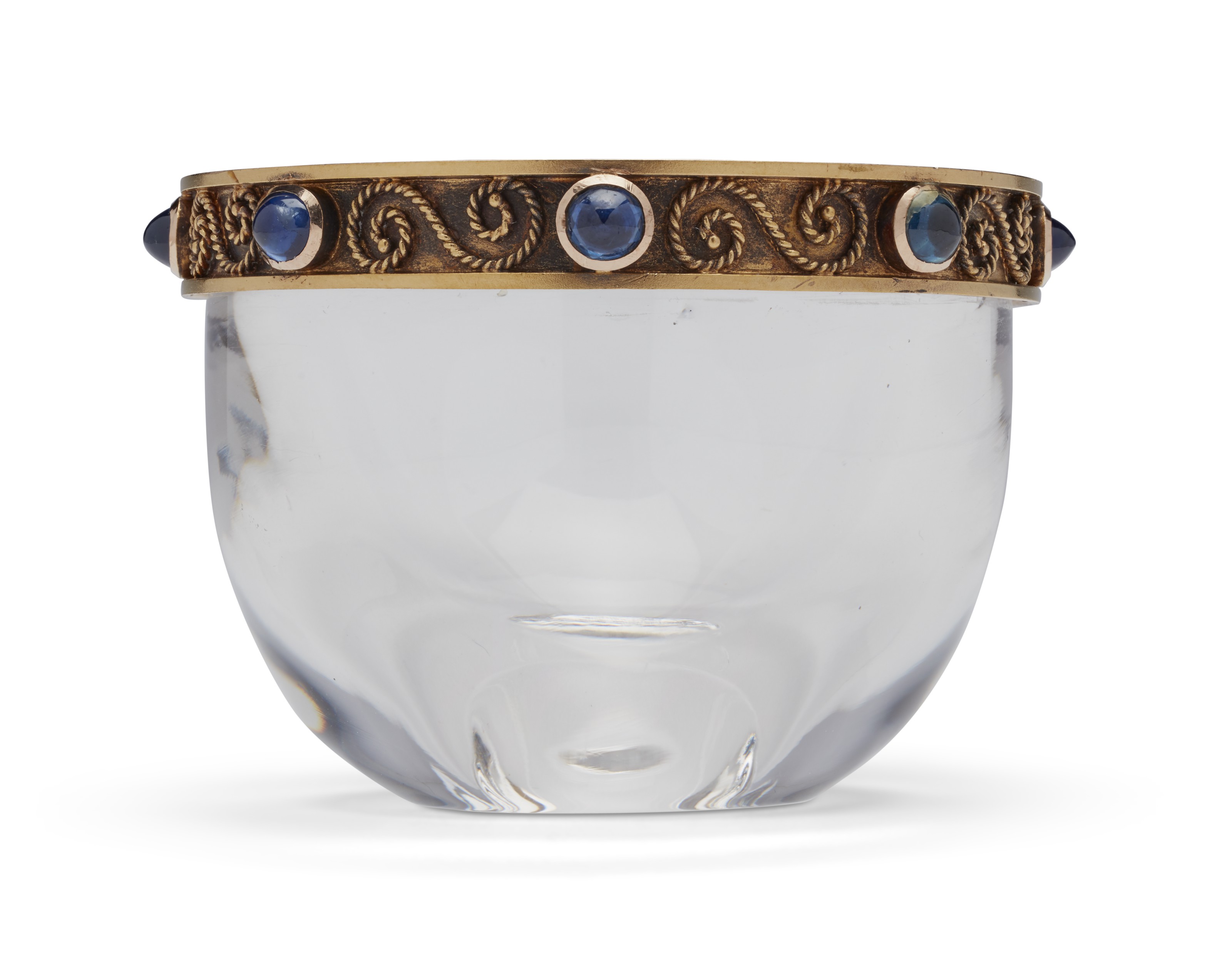 A RUSSIAN MINIATURE GOLD-MOUNTED SAPPHIRE AND ROCK CRYSTAL CHARKA ...