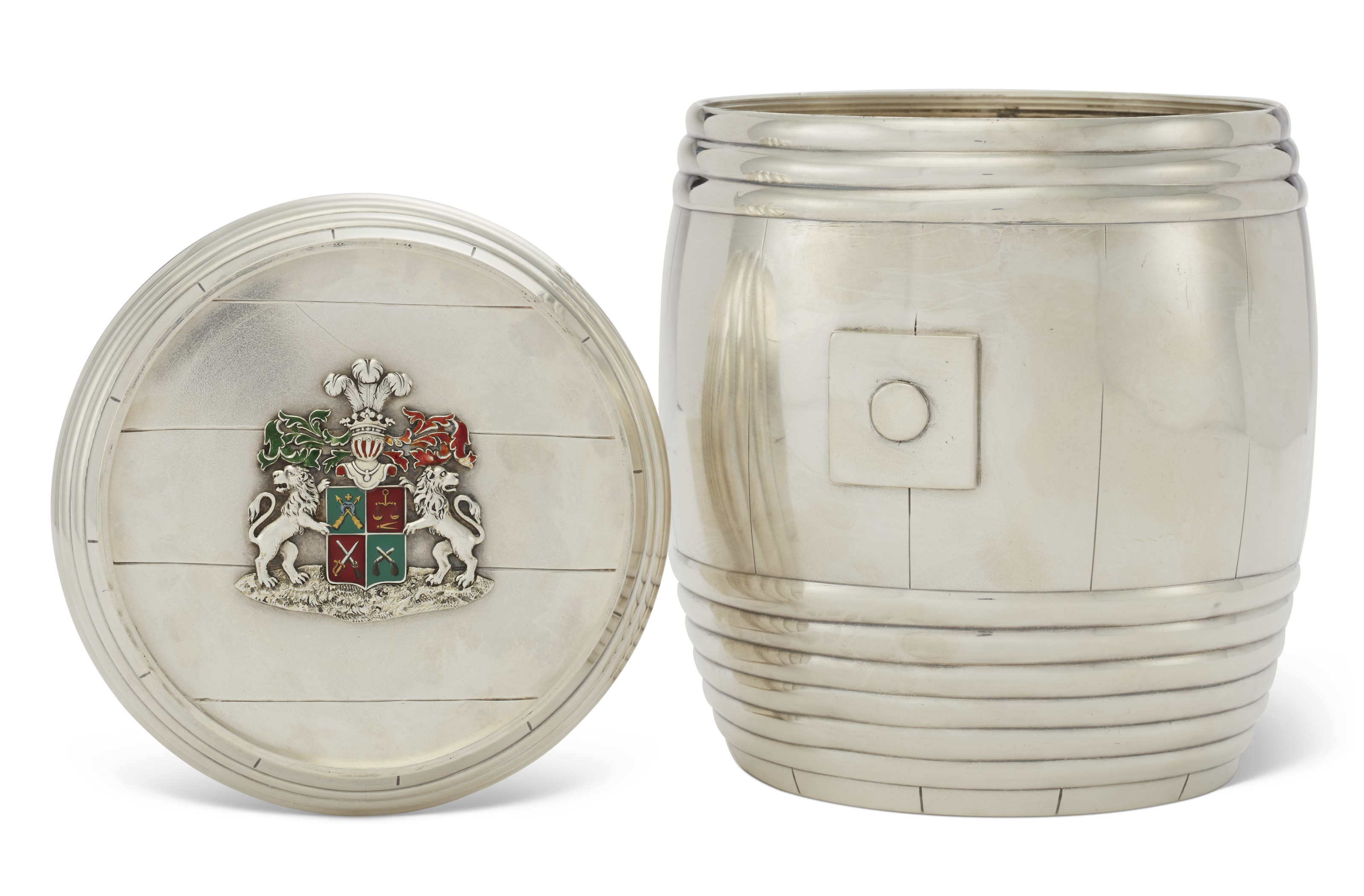 A RUSSIAN SILVER AND ENAMEL BARREL-SHAPED BOX, MARKED GRATCHEV, ST ...