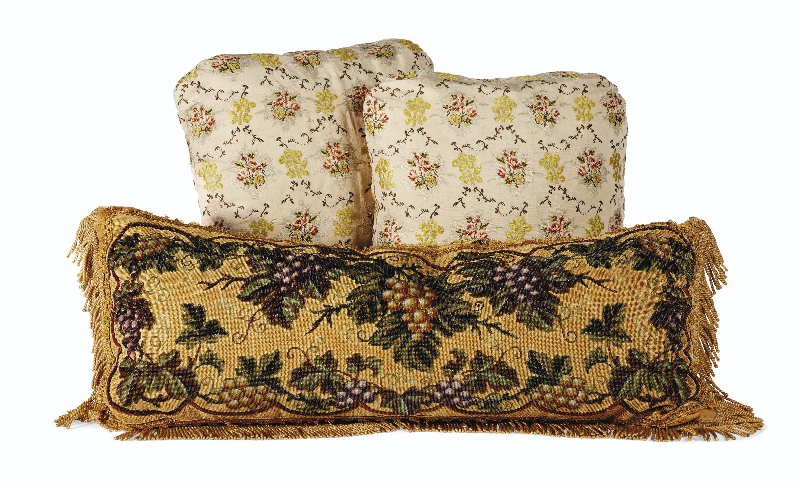 A PAIR OF FRENCH SILK AND METALLIC-THREAD CUSHIONS AND A VICTORIAN ...
