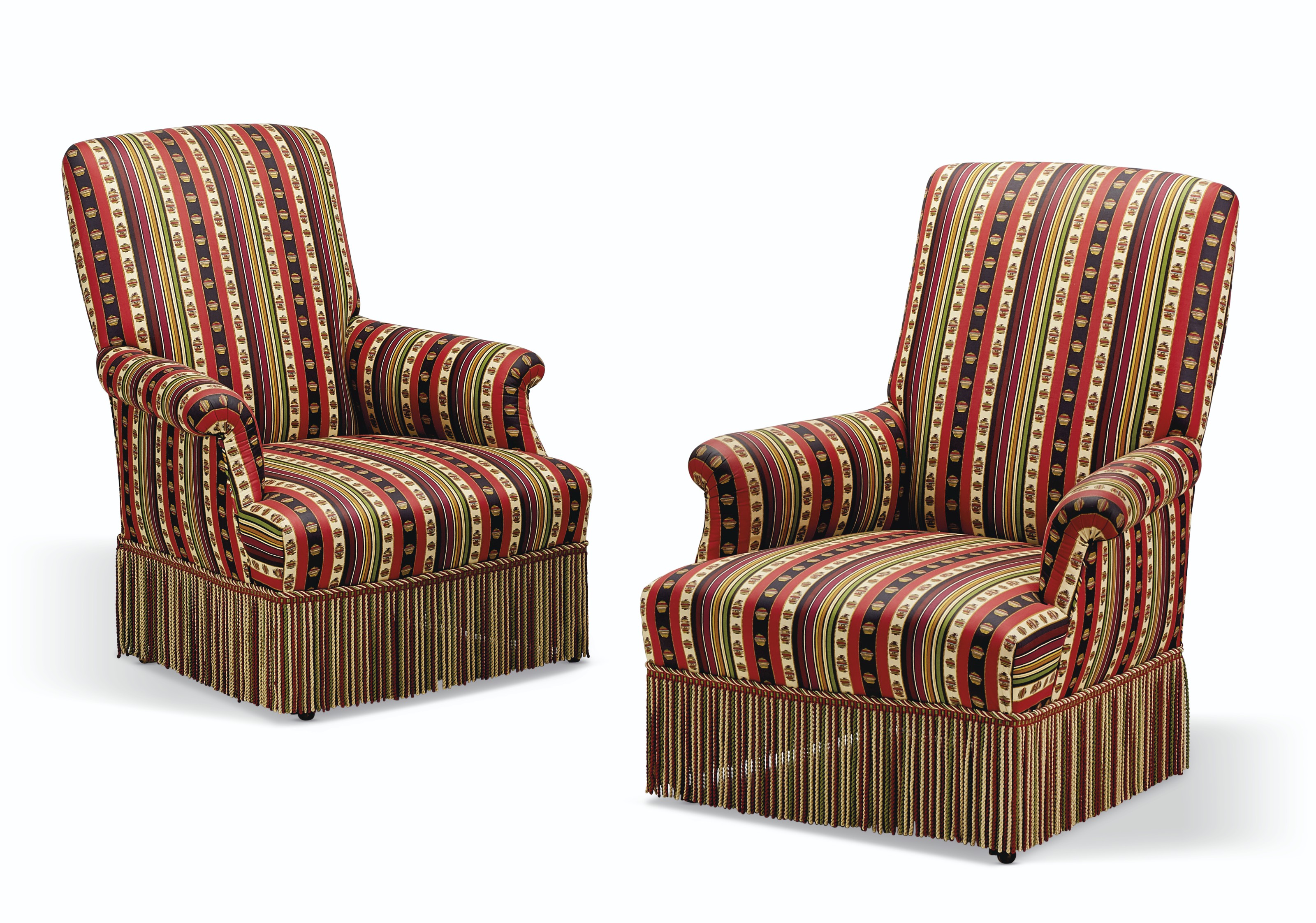 A PAIR OF COLORFULLY STRIPED CLUB CHAIRS, 20TH CENTURY | Christie’s